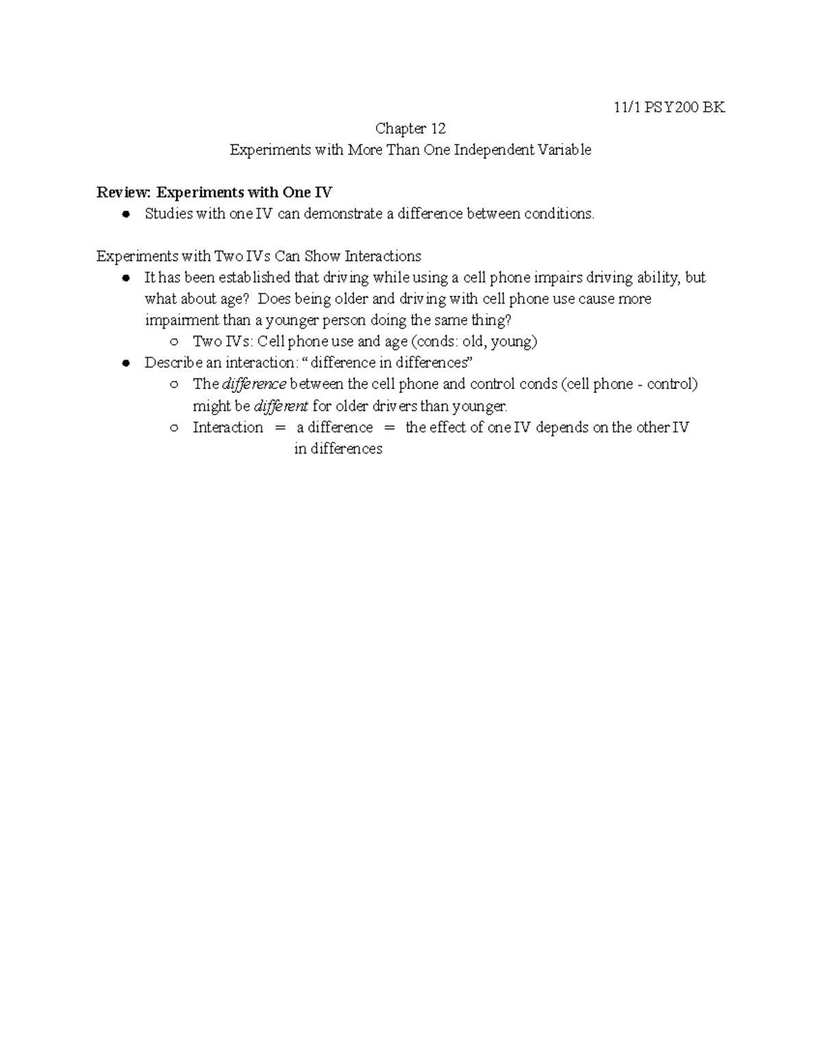 Chapter 12 - Experiments with More than One Independent Variable - 11/1 PSY200 BK Chapter 12 ...