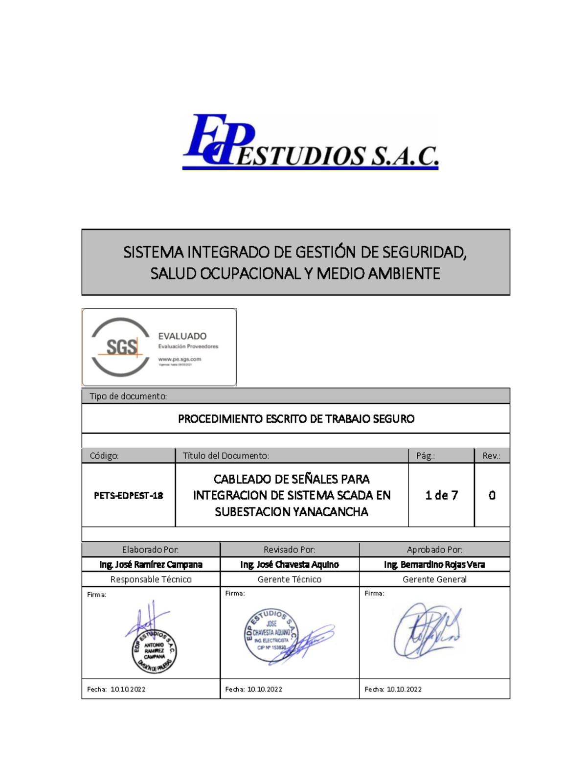 Procedimiento Seguro: Cableado SCADA en Subestación Yanacancha - Studocu