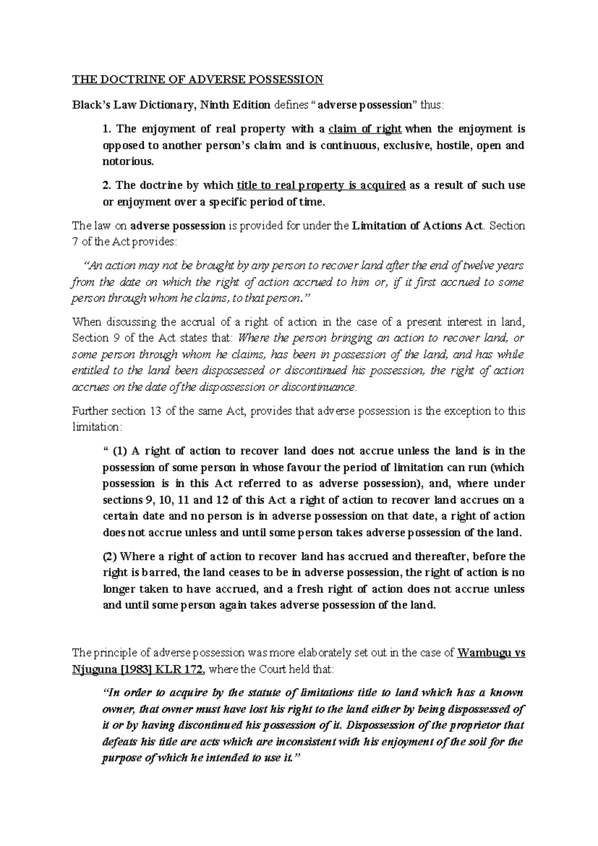 Adverse Possession: Key Principles and Legal Framework (Law 101) - Studocu