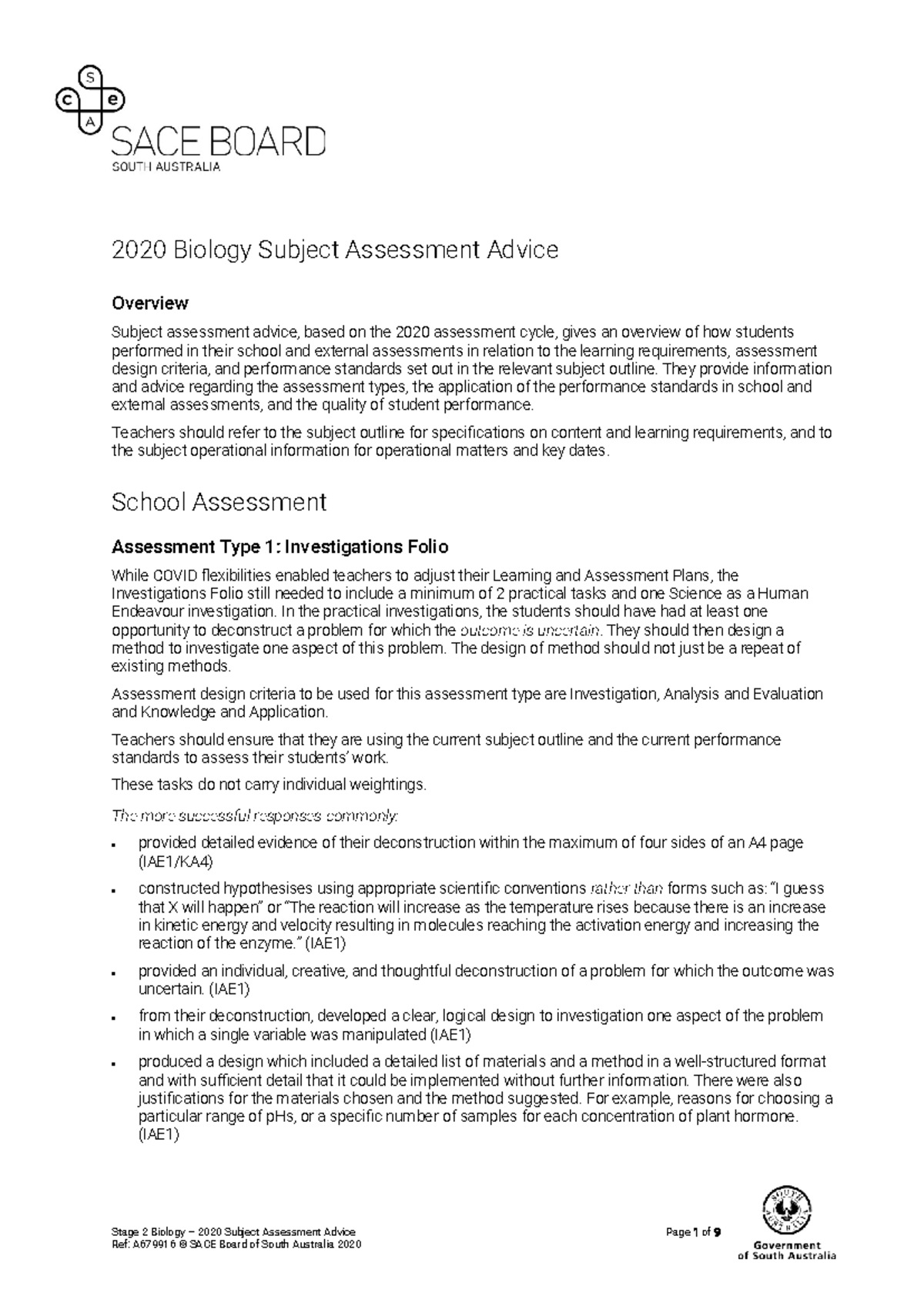 2020 Stage 2 Biology Assessment Advice Overview and Insights - Studocu