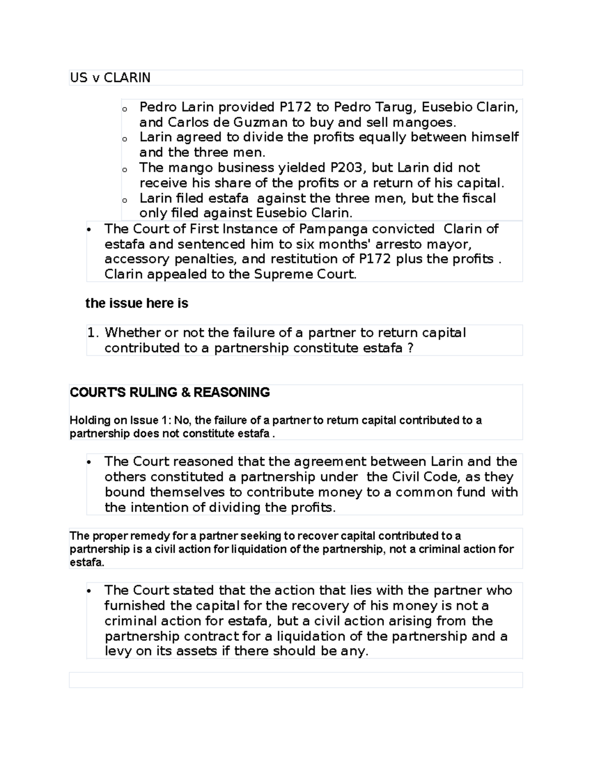 US v CLARIN: Case Digest on Estafa and Partnership Issues - Studocu