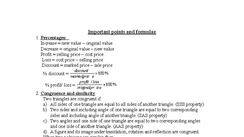 Formula Sheet for Math Concepts and Applications (Course Code: MATH101 ...
