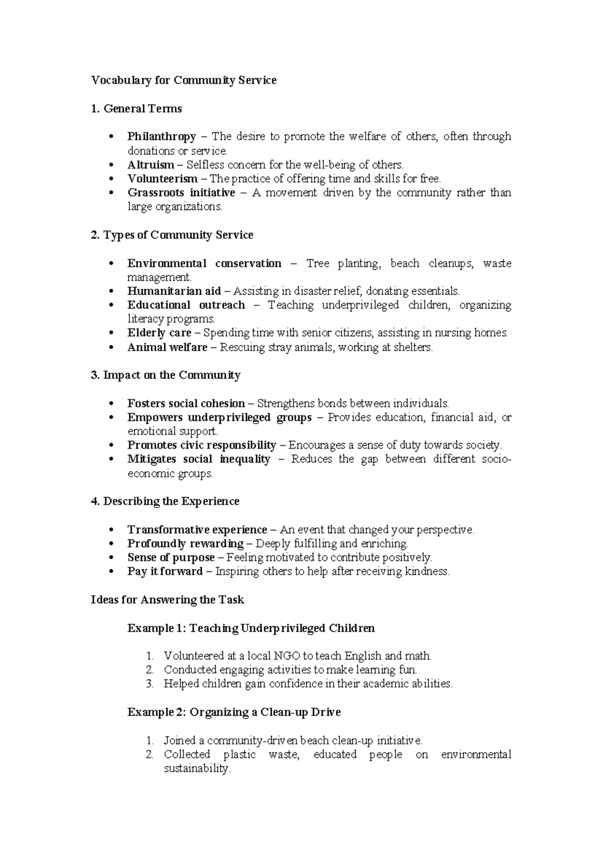 Vocabulary for Community Service: Key Terms and Concepts - Studocu