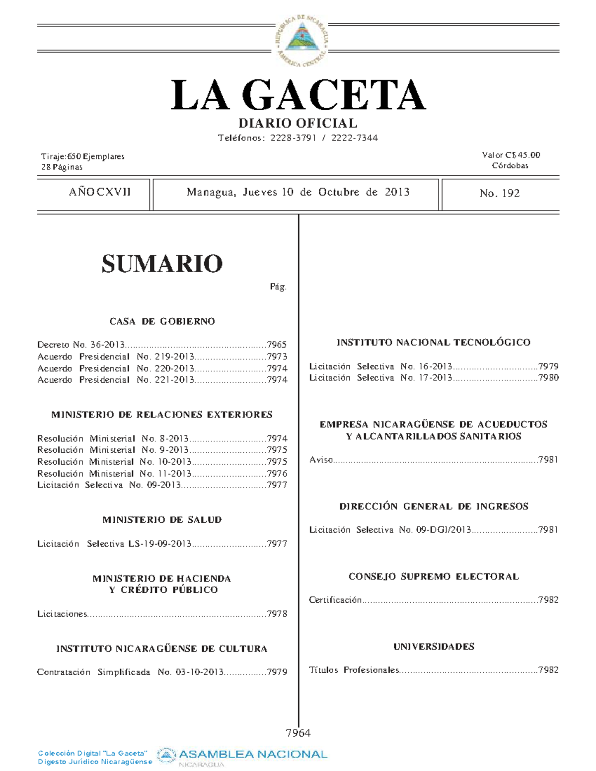 LA GACETA DIARIO OFICIAL No. 192 - Reglamento Ley de Protección al ...