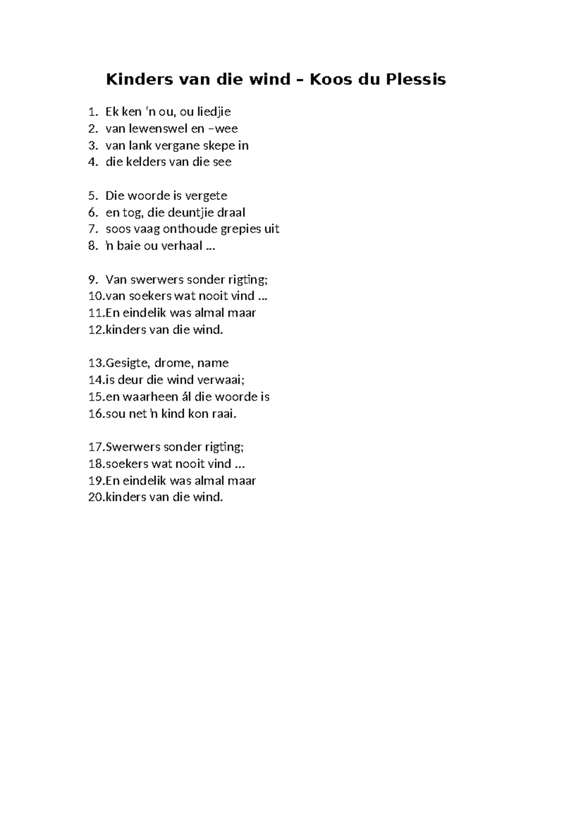 Kinders van die Wind - Gedig van Koos du Plessis - Studocu