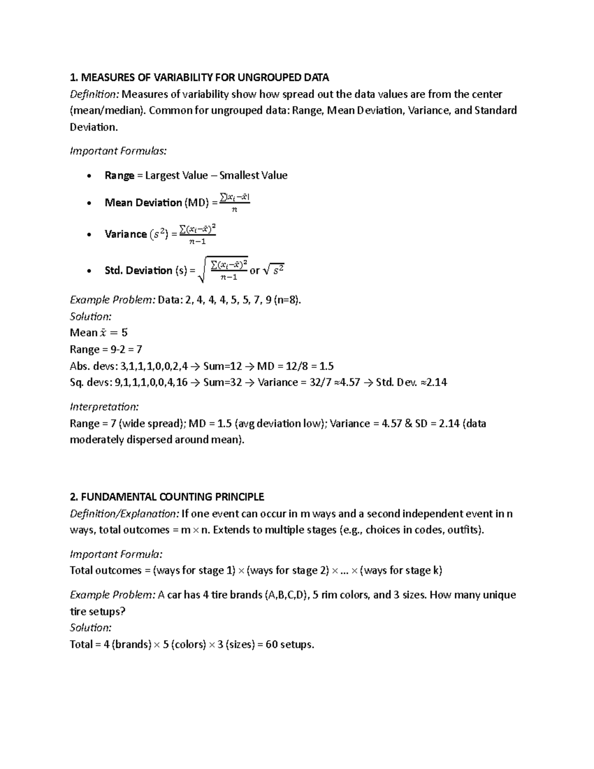 MATH 101: Measures of Variability & Counting Principles Review - Studocu
