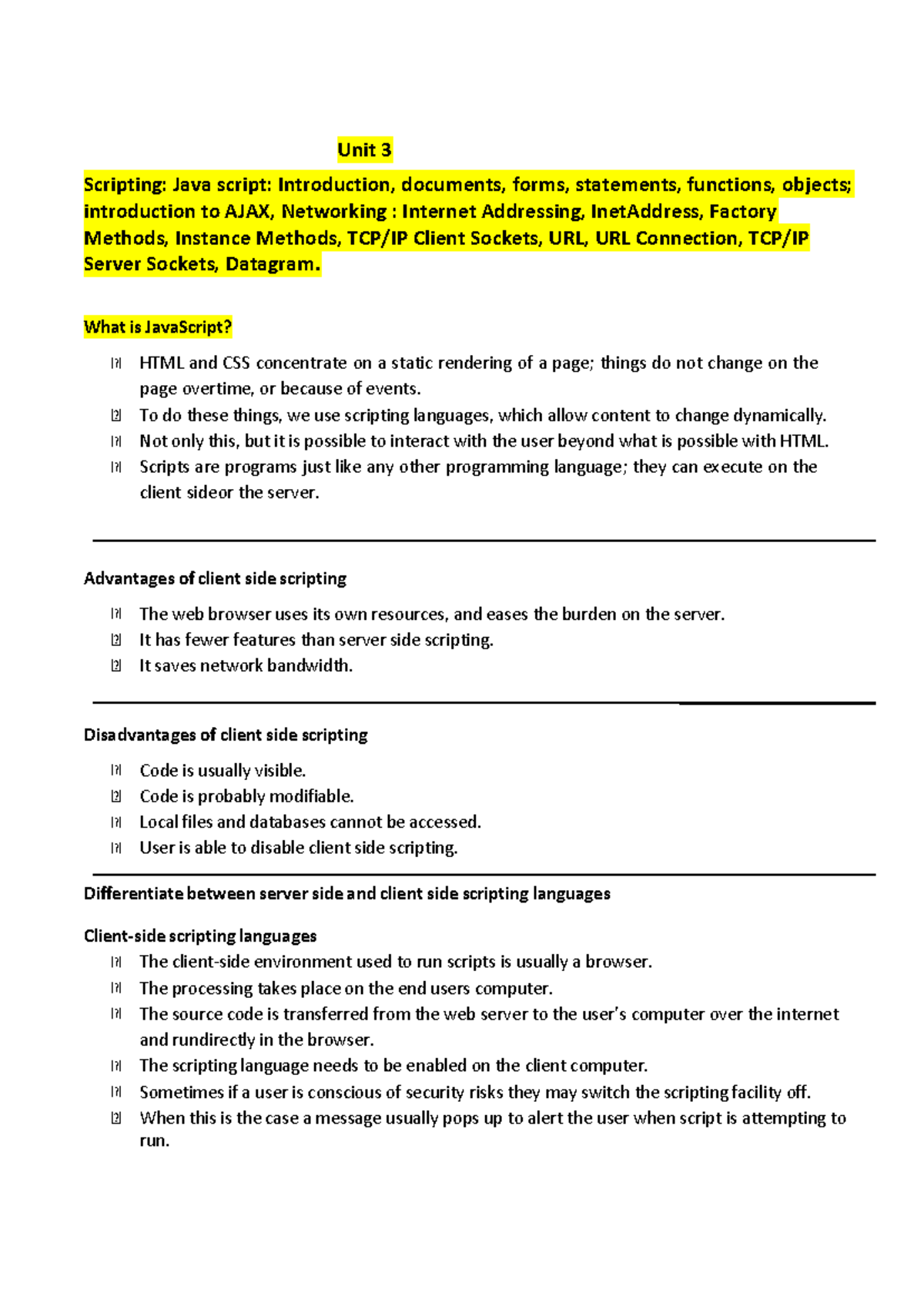 JavaScript Scripting Concepts and Techniques - WT Unit3 - Studocu