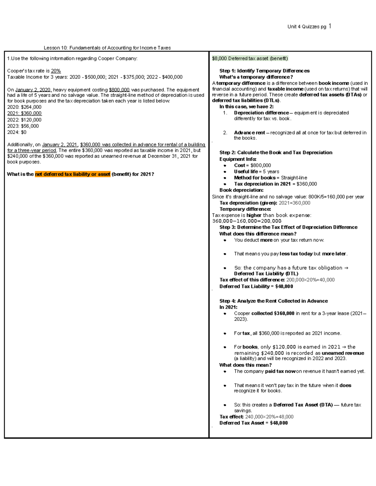 Unit 4 Quizzes - Fundamentals of Accounting for Income Taxes - Studocu