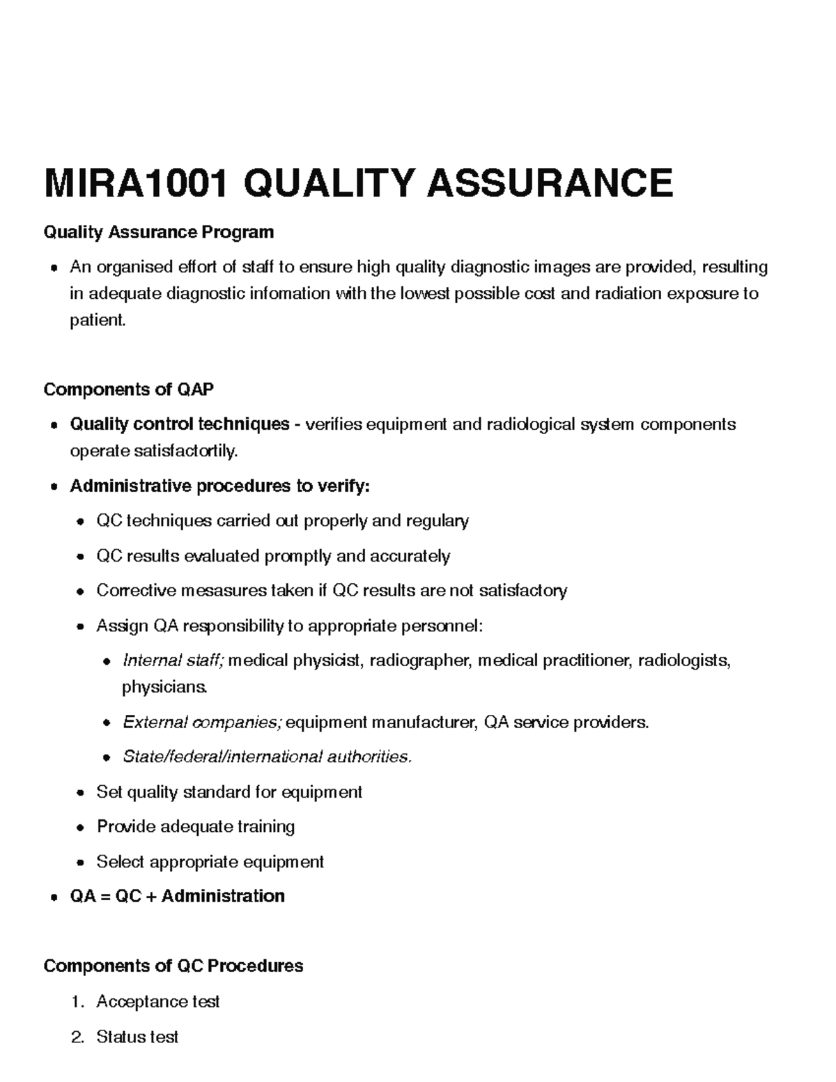 MIRA1001 Quality Assurance: Comprehensive QA Program Overview - Studocu