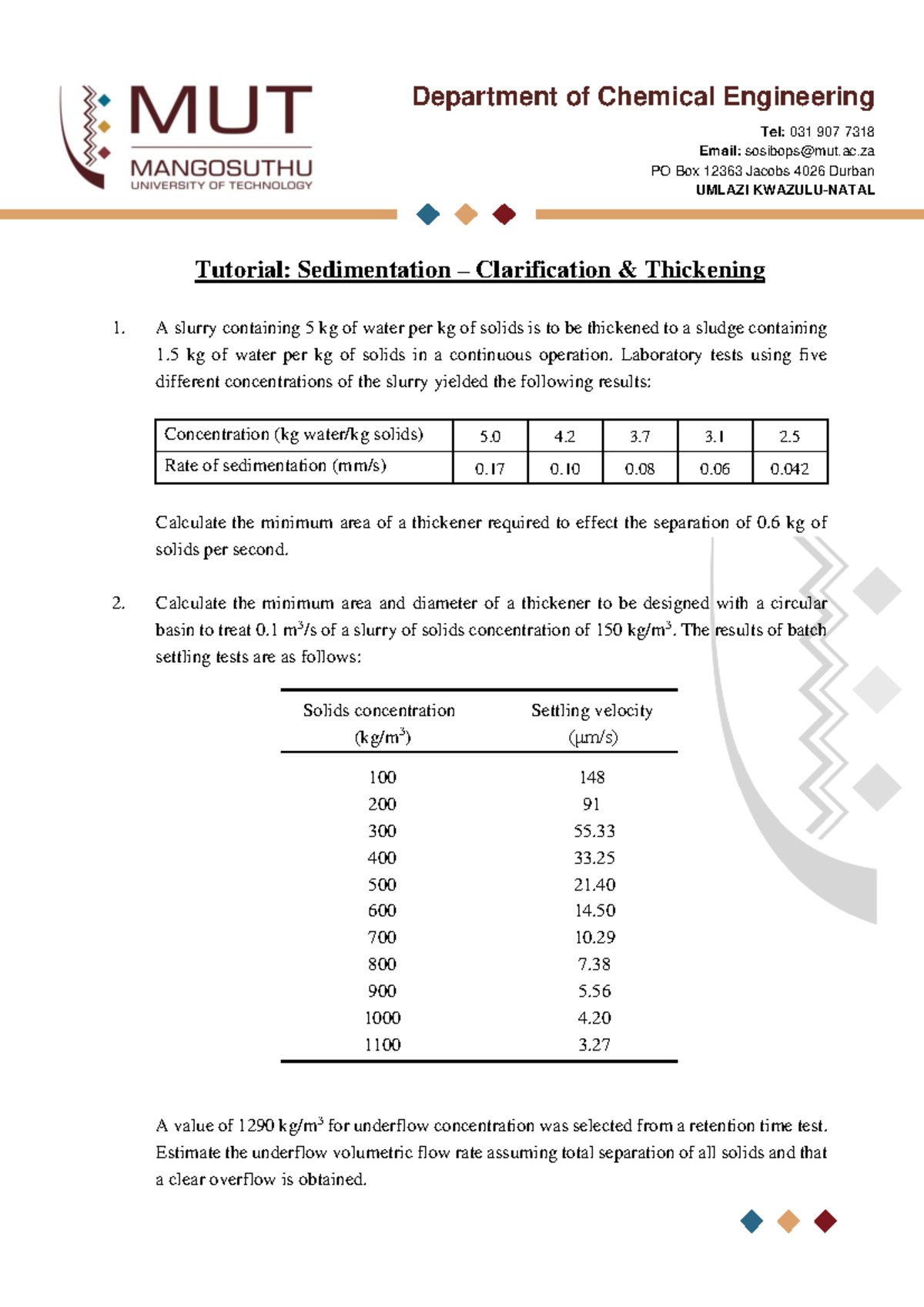 CHPL332 Tutorial: Sedimentation, Clarification & Thickening Analysis ...