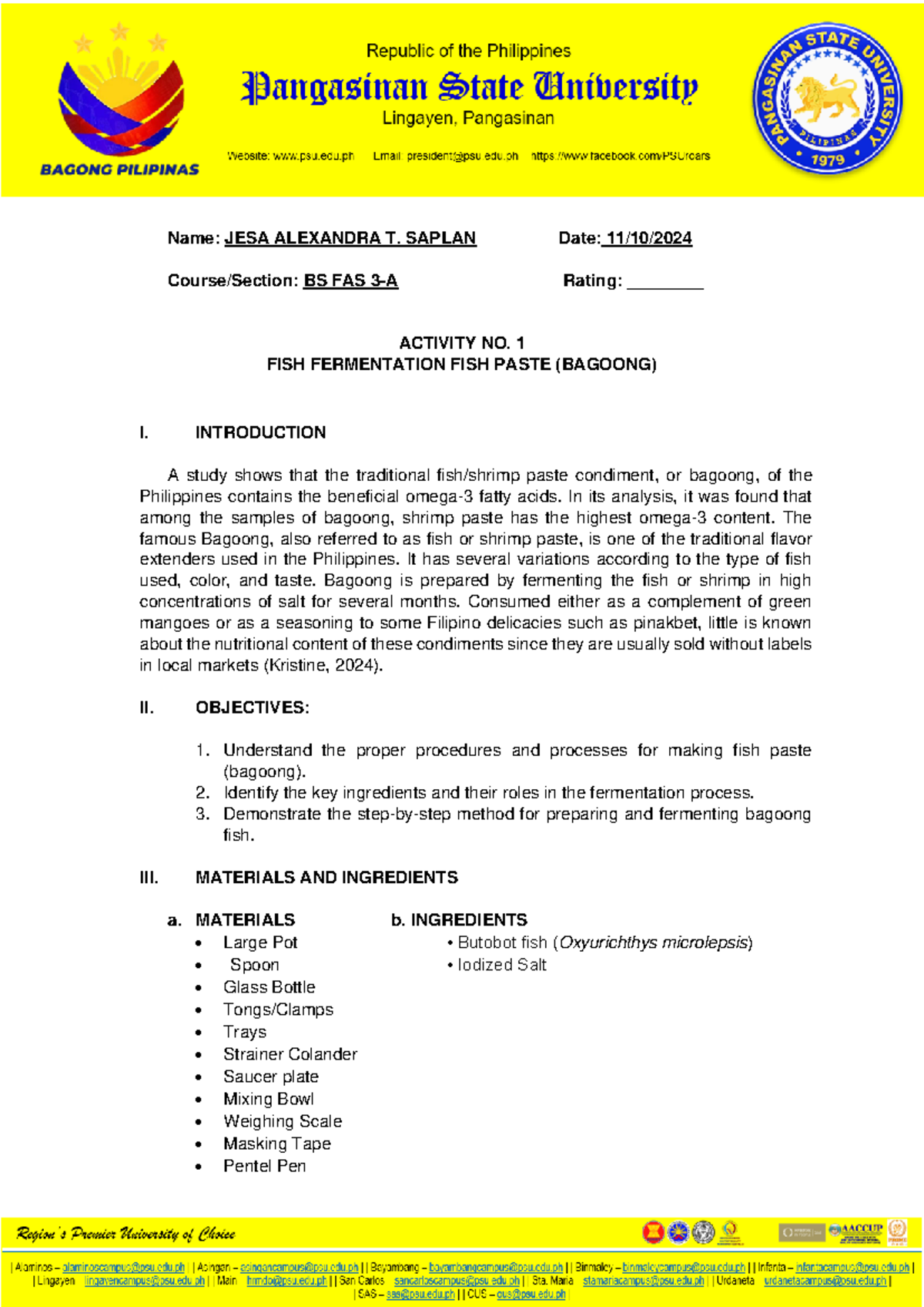 BS FAS 3-A Fish Paste Fermentation: Bagoong Saplan Study Guide - Studocu