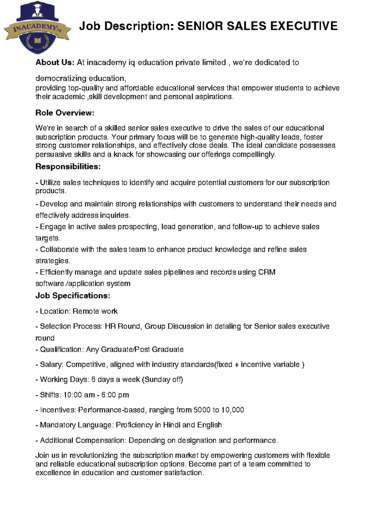 Job Description: Senior Sales Executive at Inacademy IQ Education - Studocu