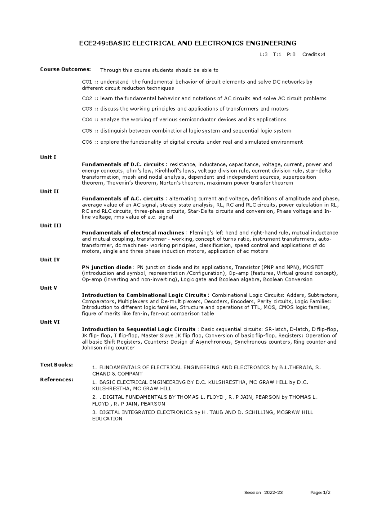 ECE249 Syllabus: Fundamental Principles of Electrical & Electronics Engineering - Studocu