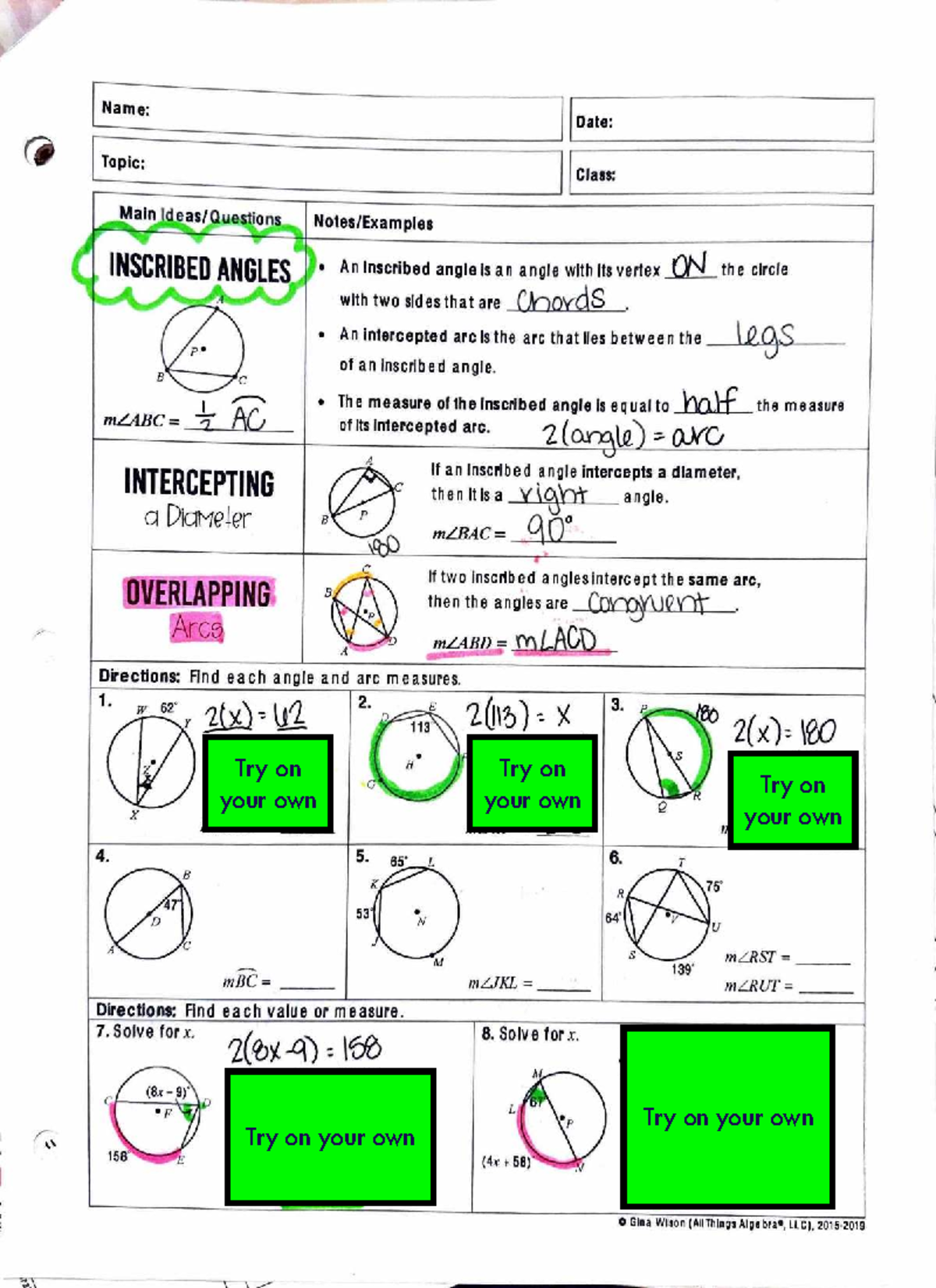 Inscribed Angle Notes for Geometry (Course Code: JI) - Studocu