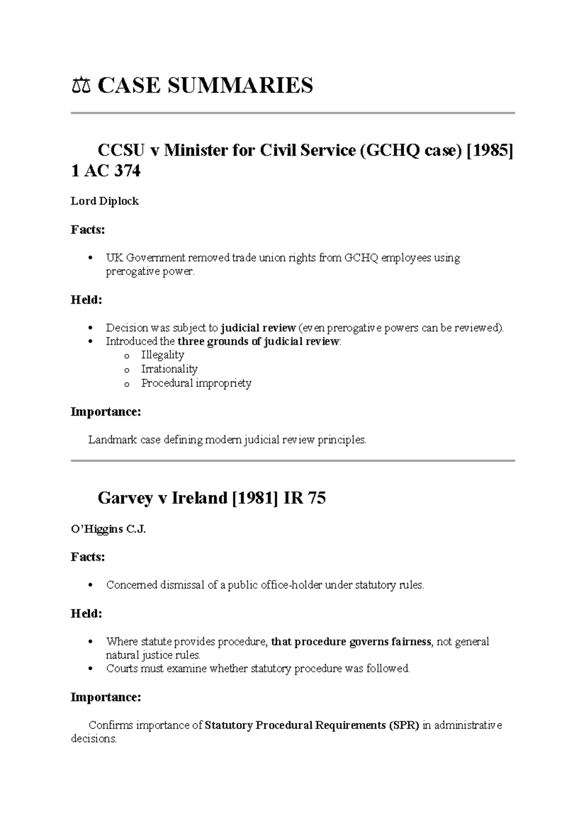 CASE Summaries - lw295: Landmark Judicial Review Principles - Studocu