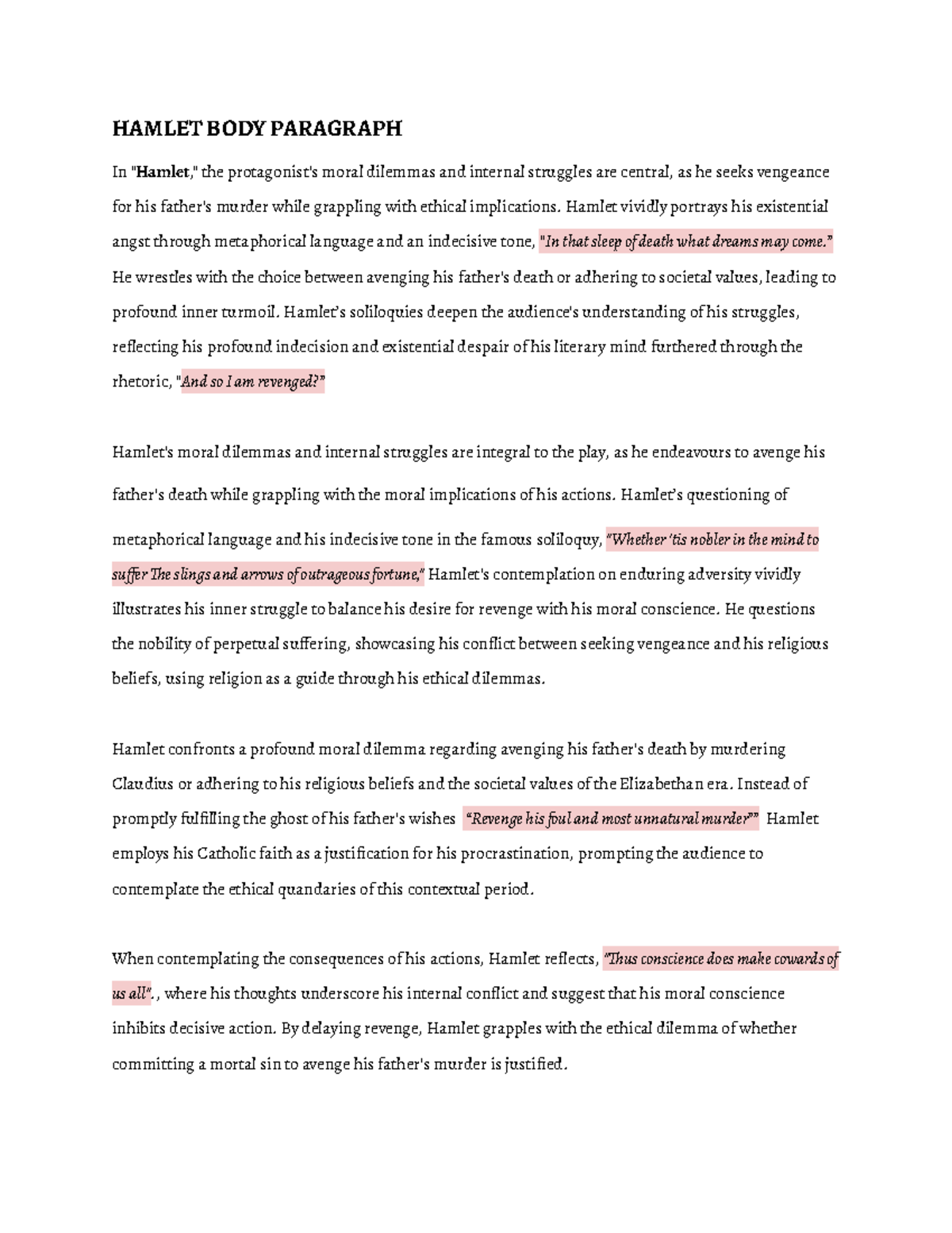 HAMLET Analysis: Sample Body Paragraphs for ENG 101 Essay Exam - Studocu