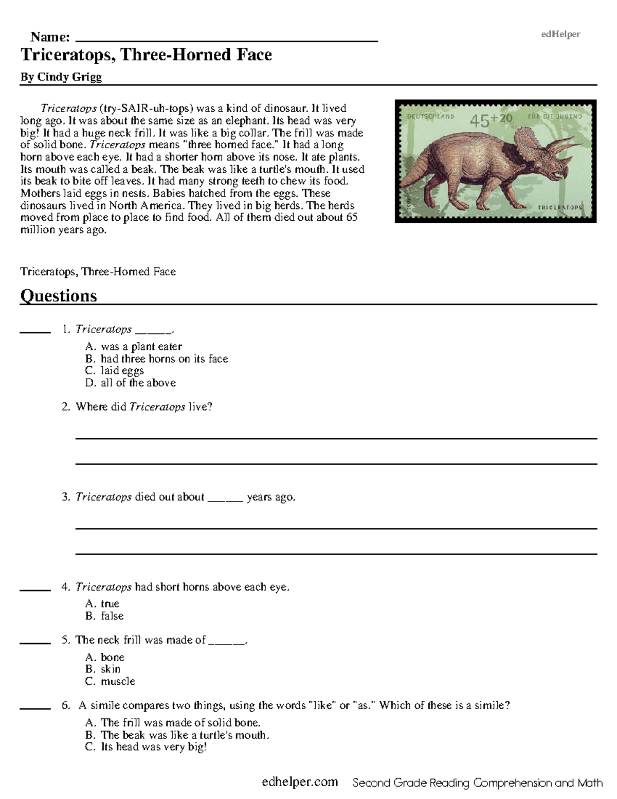 2nd grade reading comprehension worksheets - Name: edHelper Triceratops ...