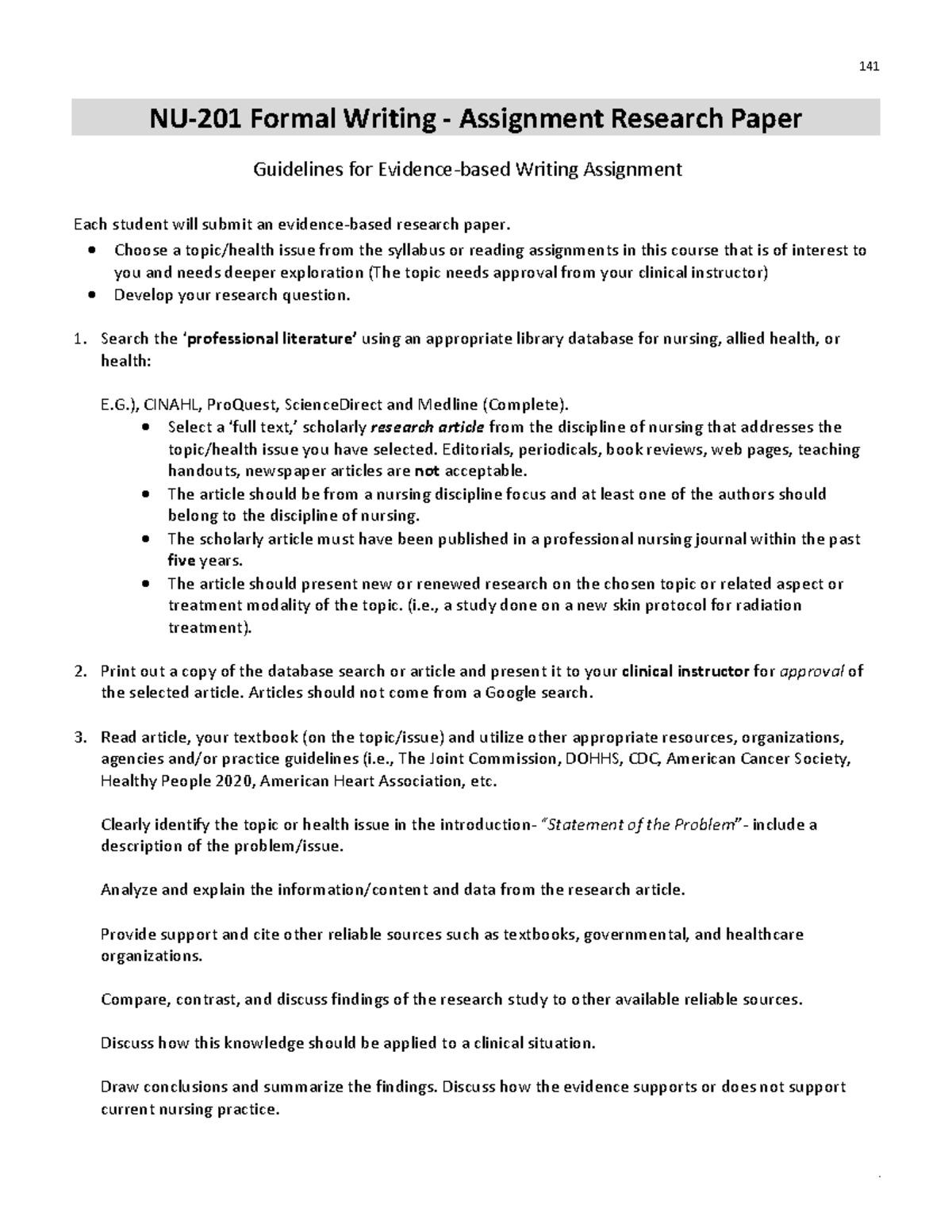 141 Formal Writing Assignment: Research Paper Guidelines - Studocu