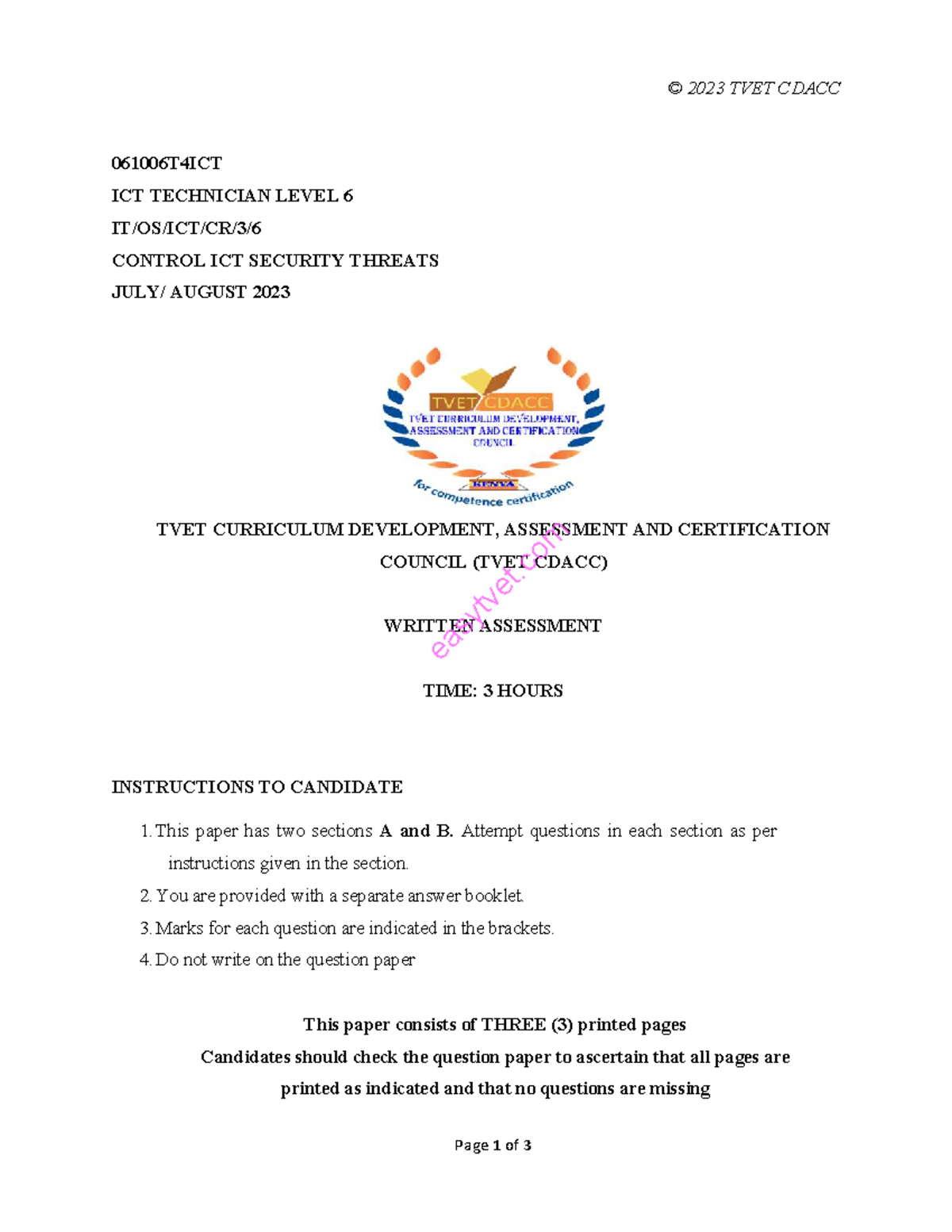 2023 TVET CDACC 061006T4ICT ICT Technician Level 6: Control of ICT ...