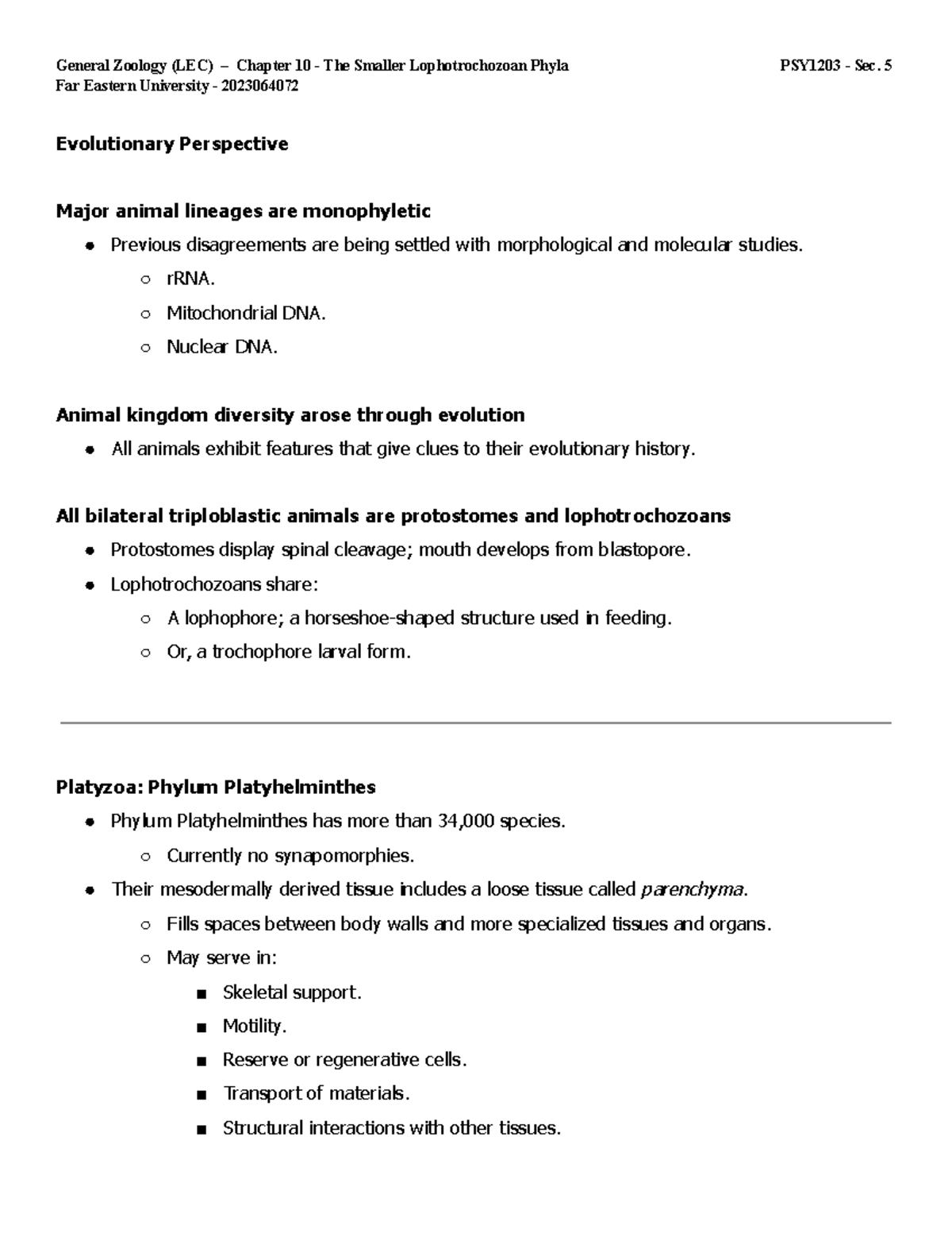 General Zoology (LEC) Chapter 10: The Smaller Lophotrochozoan Phyla ...
