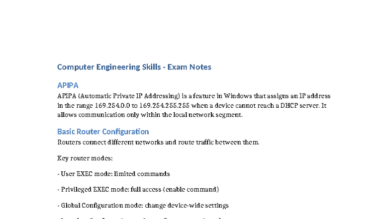 Computer Engineering Skills Notes - 254.0 to 169.254.255 when a device ...