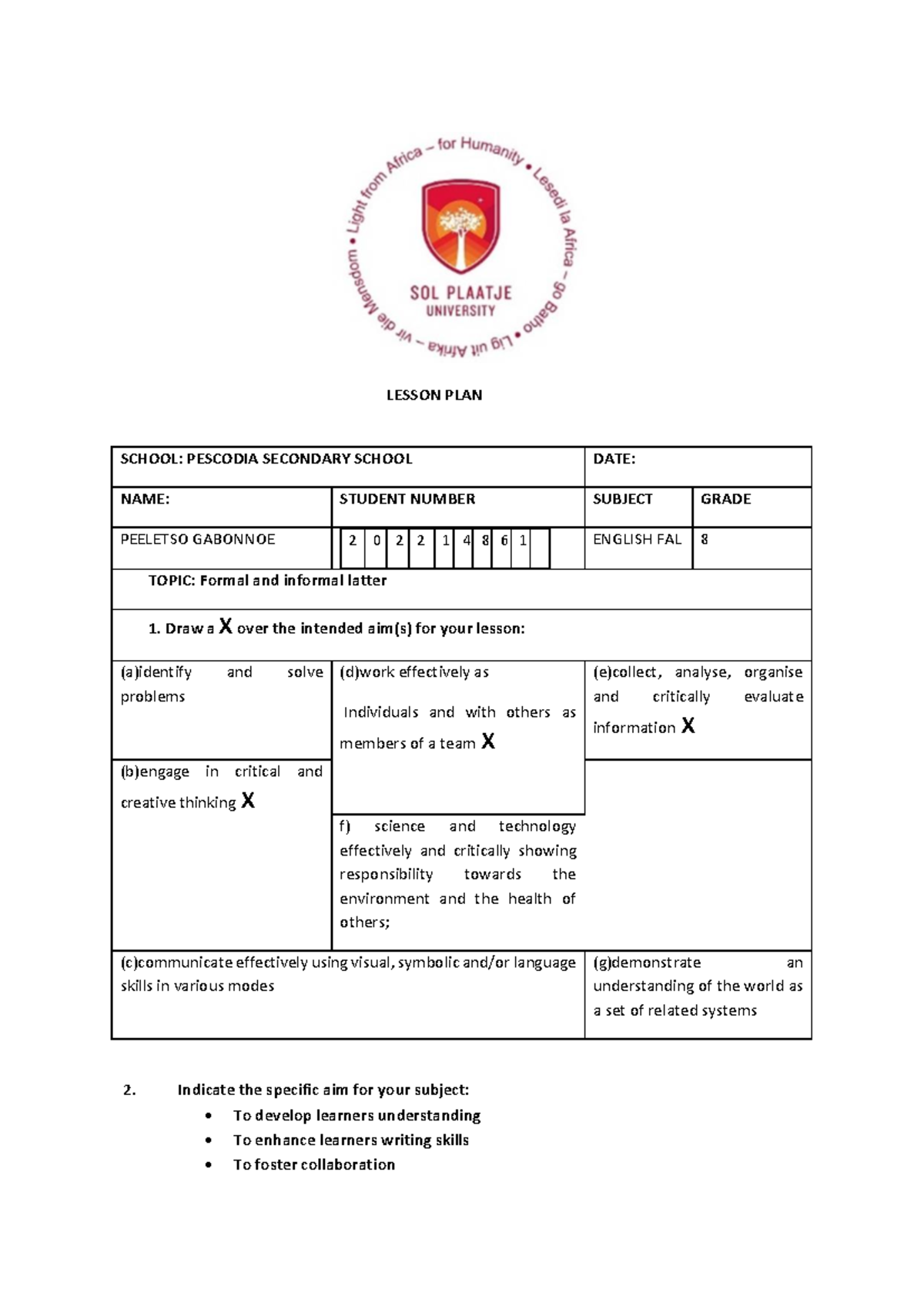 ENGLISH FAL 8: Lesson Plan on Formal and Informal Letters - Studocu