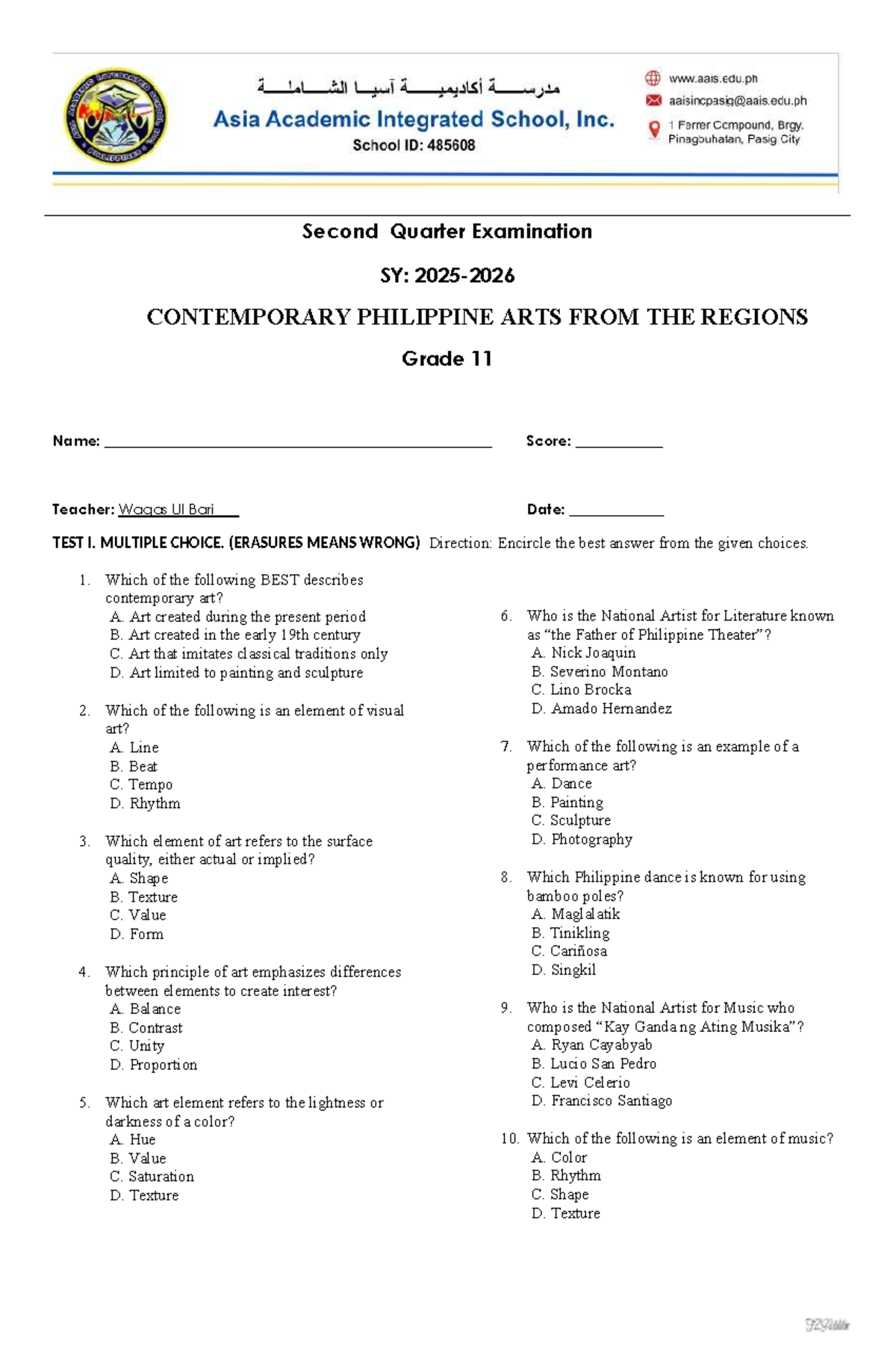 Final Exam - CPAR TD-110: Second Quarter Examination on Contemporary ...