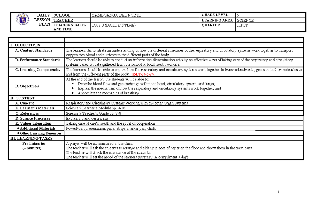 Sci9Q1 Day 3 Lesson Plan: Respiratory & Circulatory Systems - Studocu