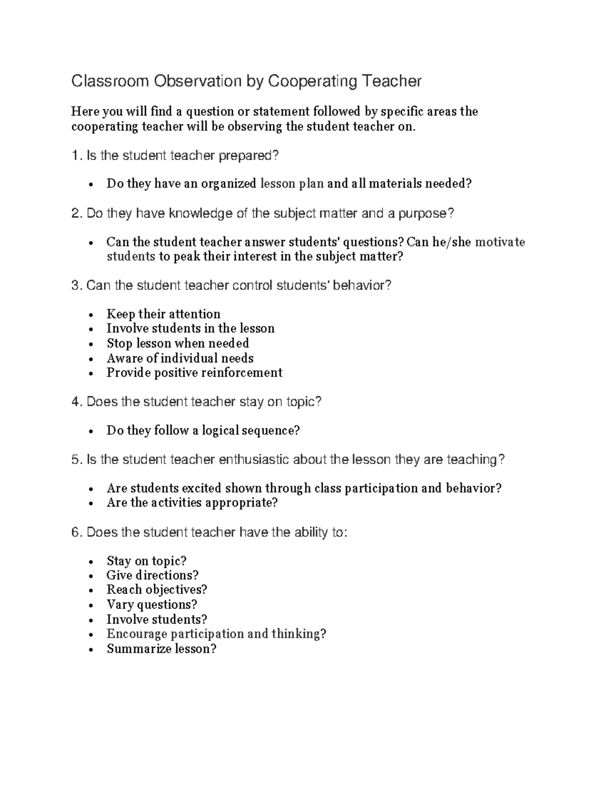 Classroom Observation by Cooperating Teacher - 1. Is the student ...