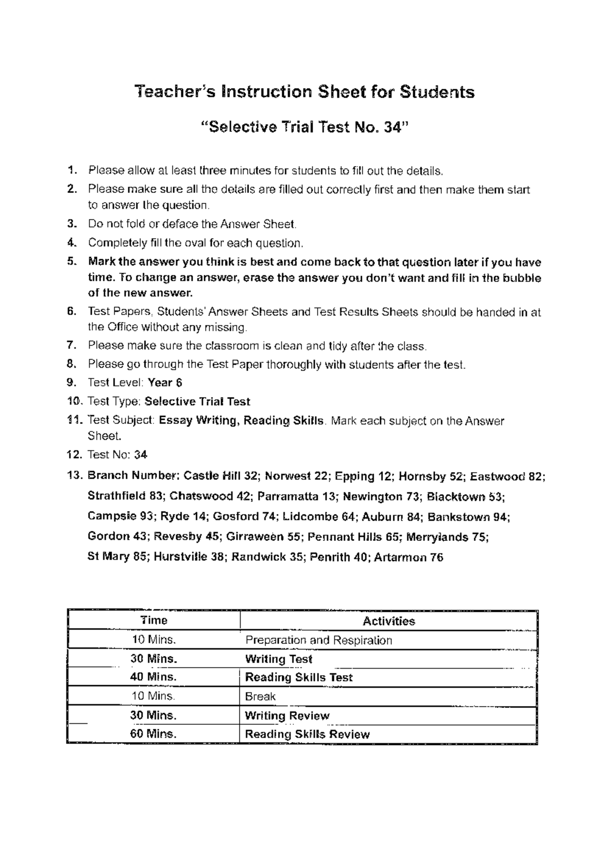 CS Education Selective Trial Test No. 34: Instructions & Answer Sheets ...