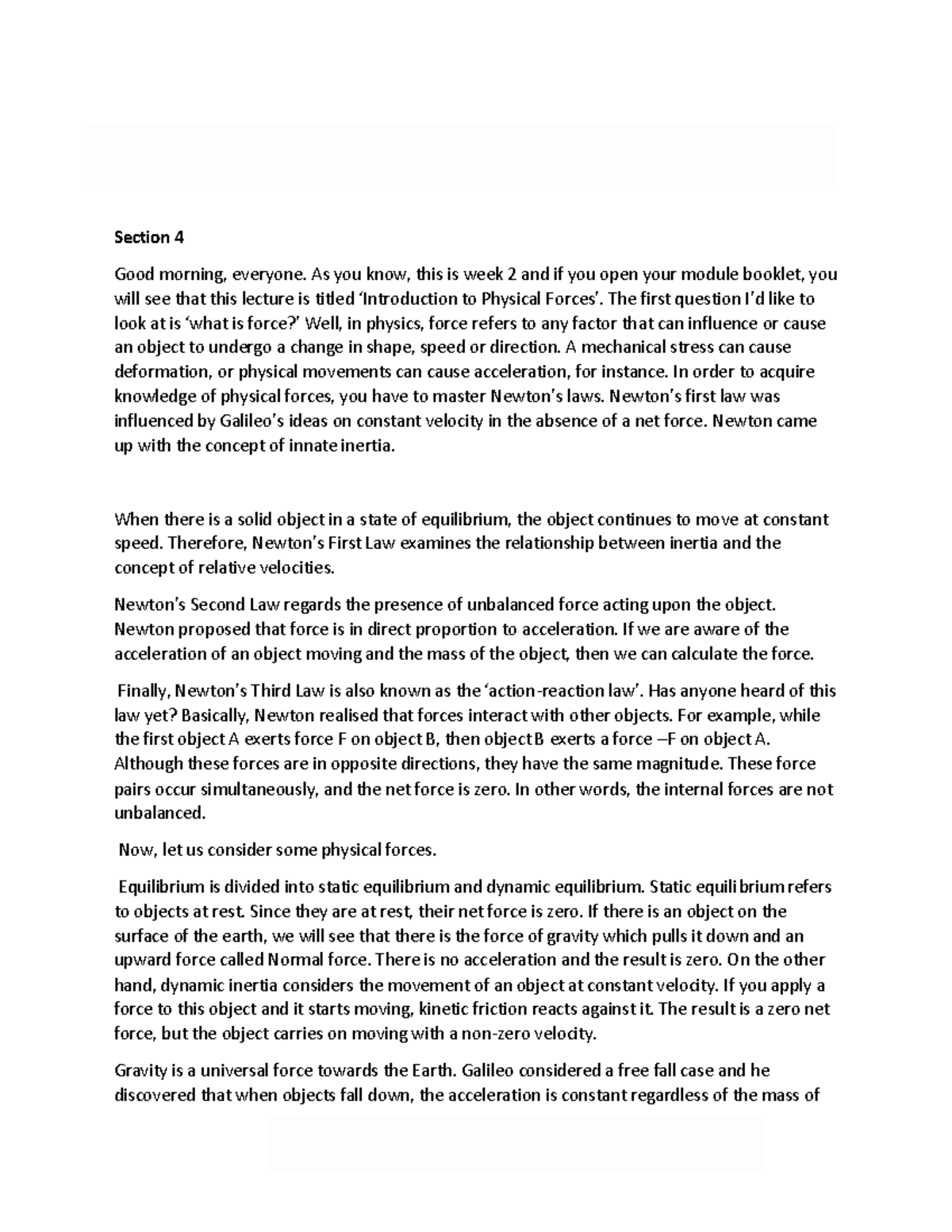 Physics Lecture Notes: Section 4 - Forces and Newton's Laws - Studocu