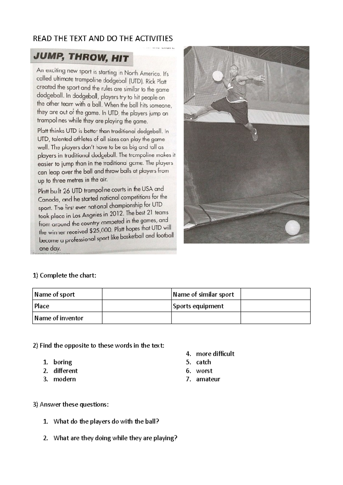 3º ESO Reading Sports Activities and Vocabulary Exercises - Studocu