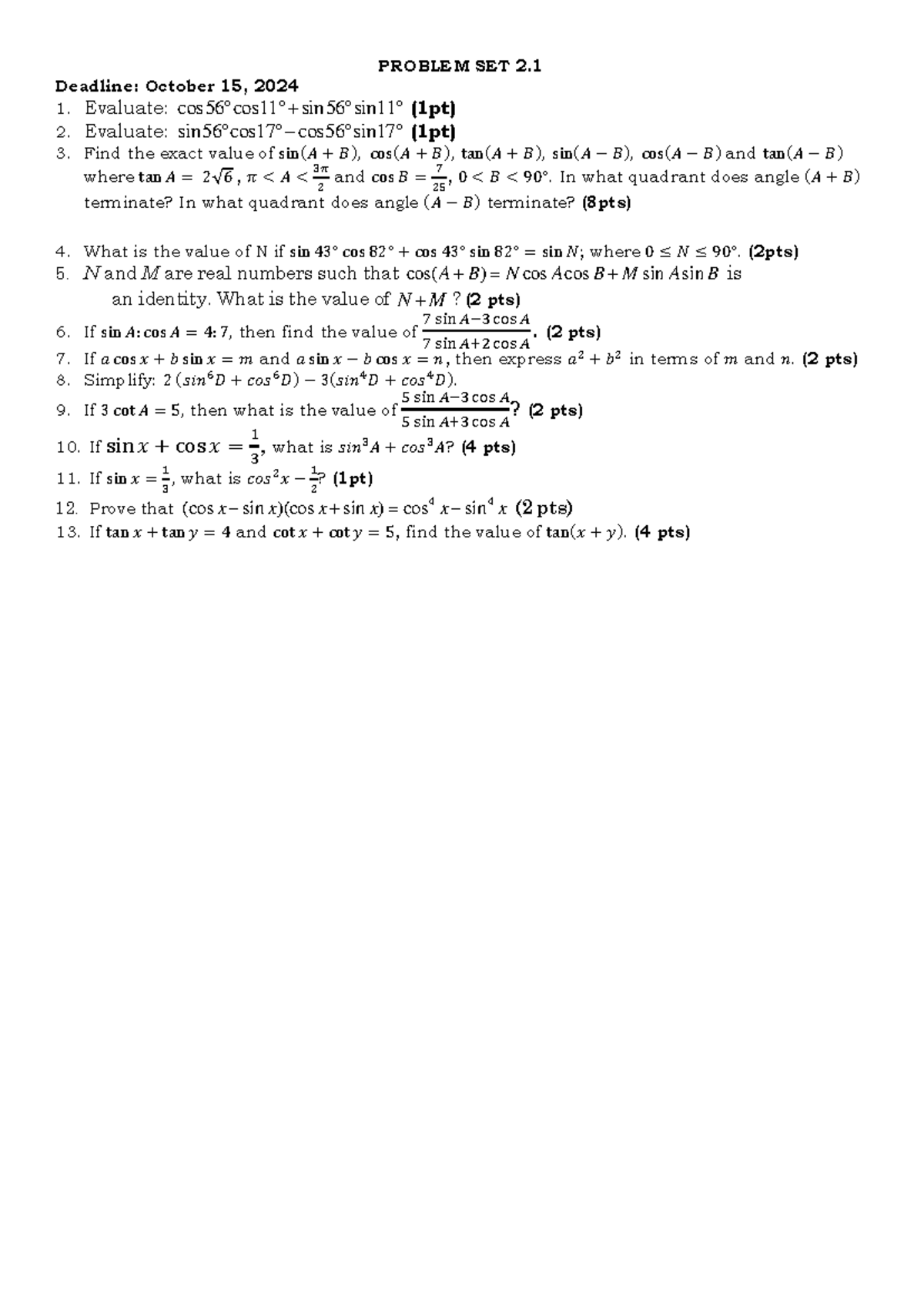 Problem-SET-2.1 (1) - science - PROBLEM SET 2. Deadline: October 15 ...