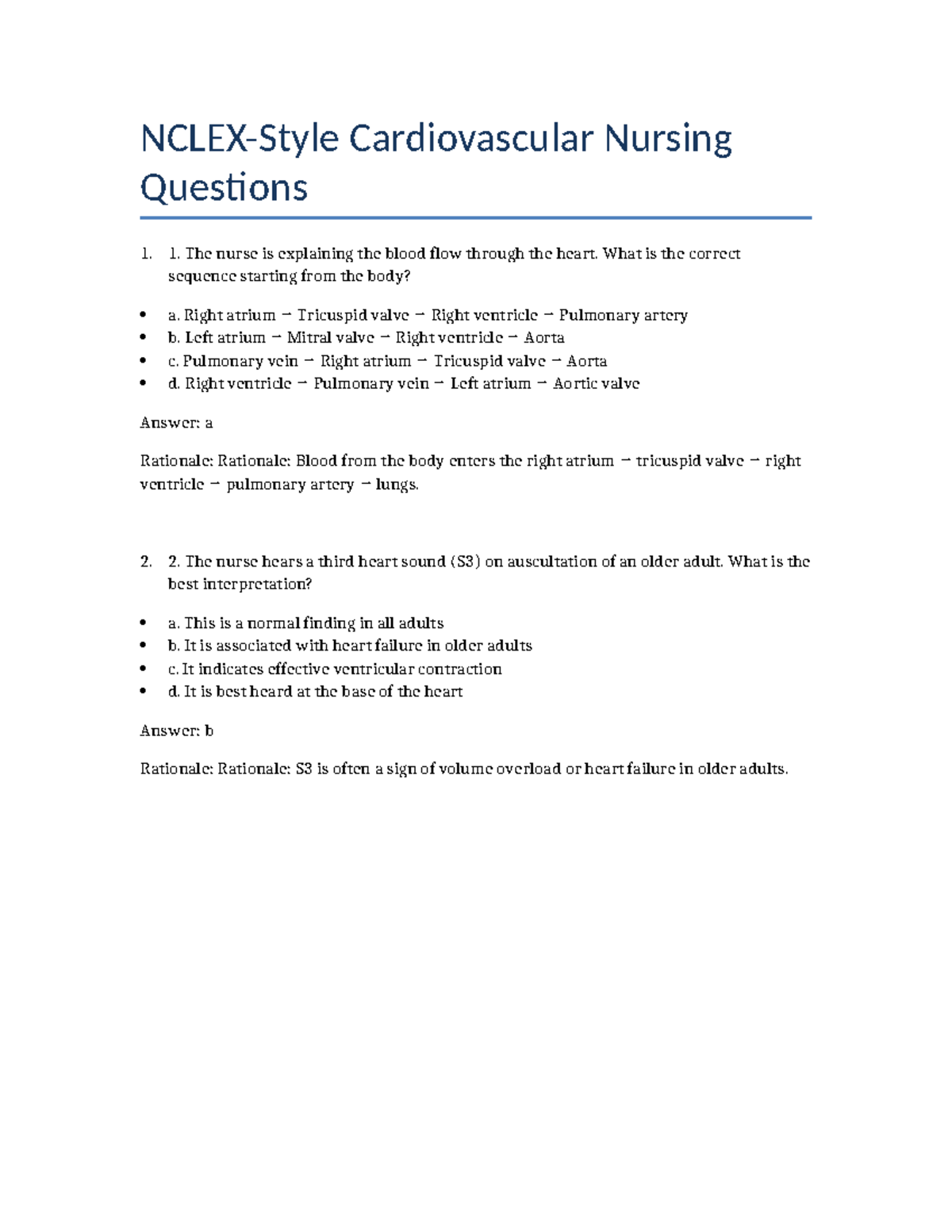 NCLEX Cardiovascular Nursing Questions Set - Studocu