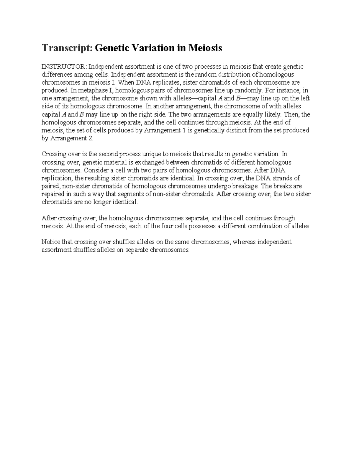 Genetic Variation in Meiosis: Independent Assortment & Crossing Over ...