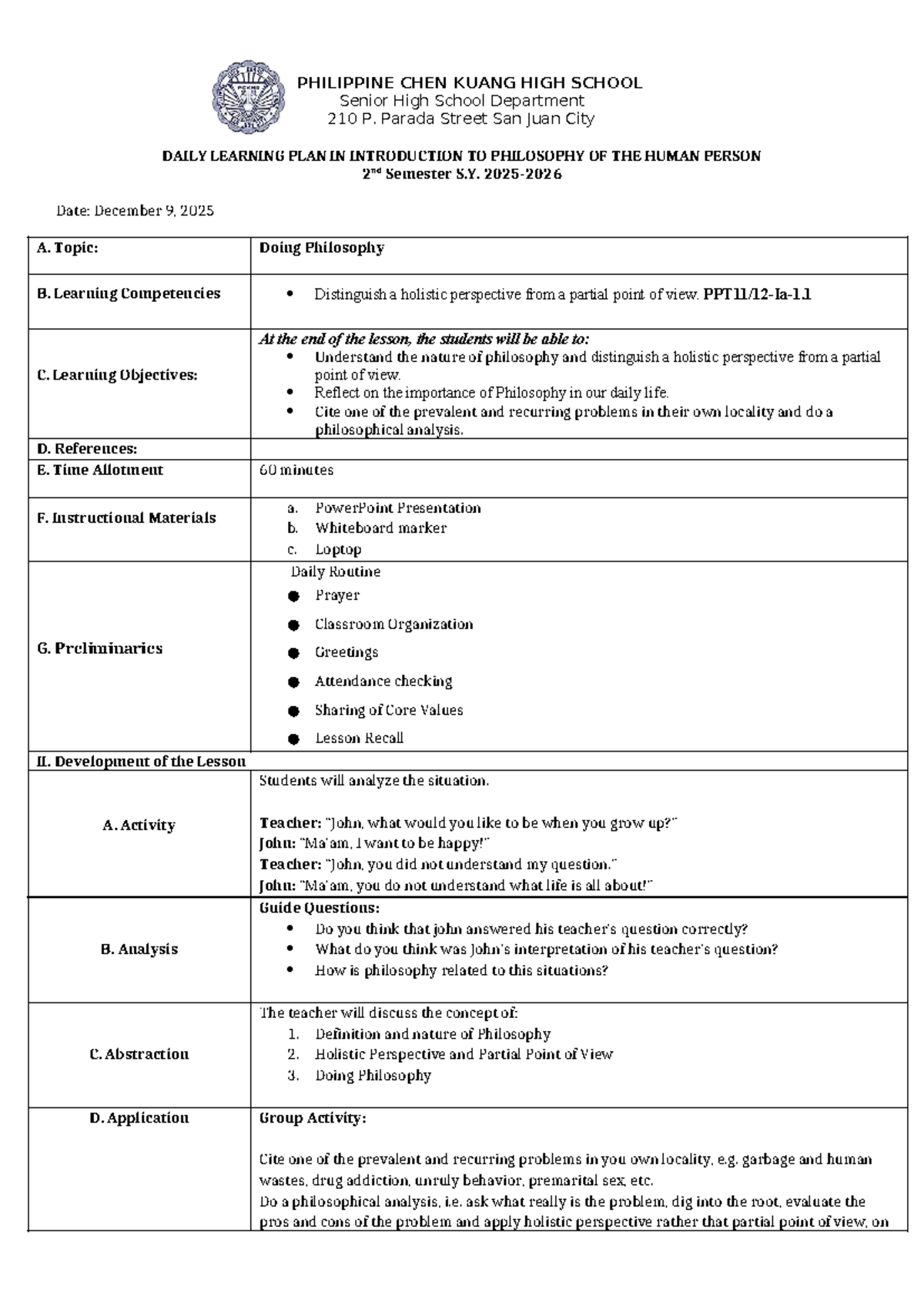 DAILY LEARNING PLAN: INTRO TO PHILOSOPHY (2nd Sem) - Studocu