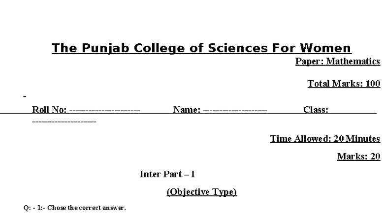 Math Inter I Preboard Paper: Objective Type Questions - Studocu