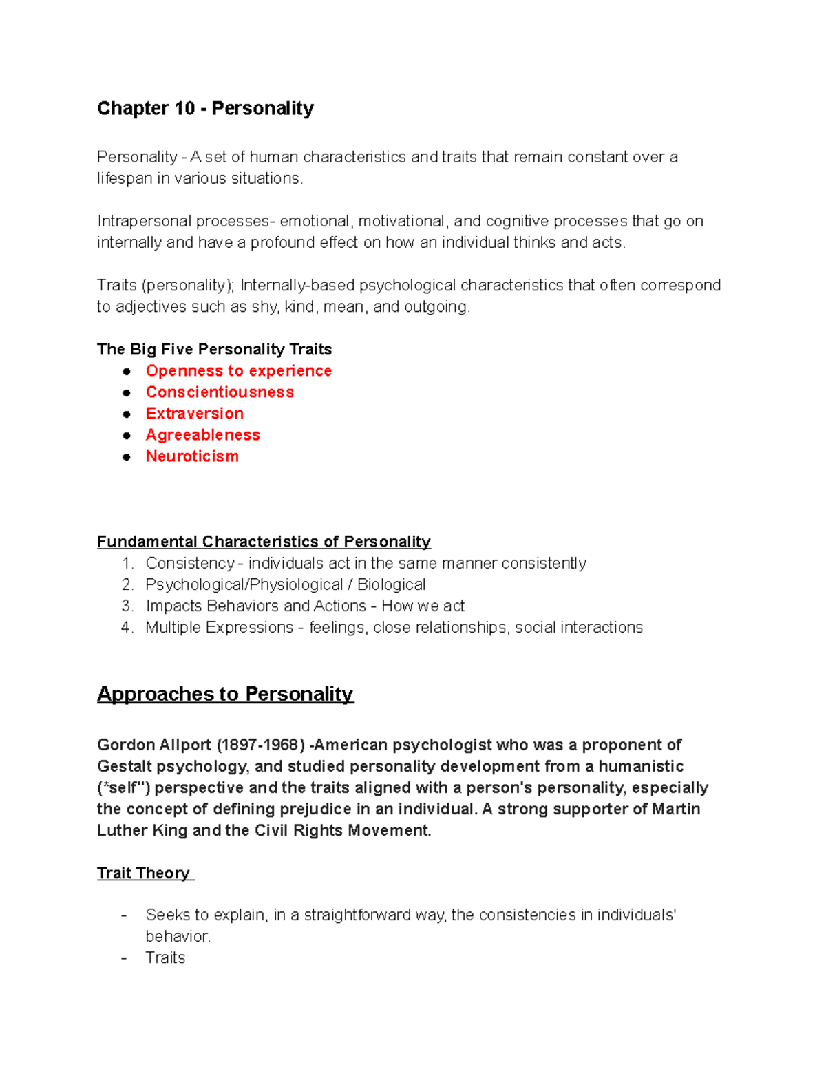 Psychology Notes 2 - Chapter 10 - Personality Personality - A set of ...
