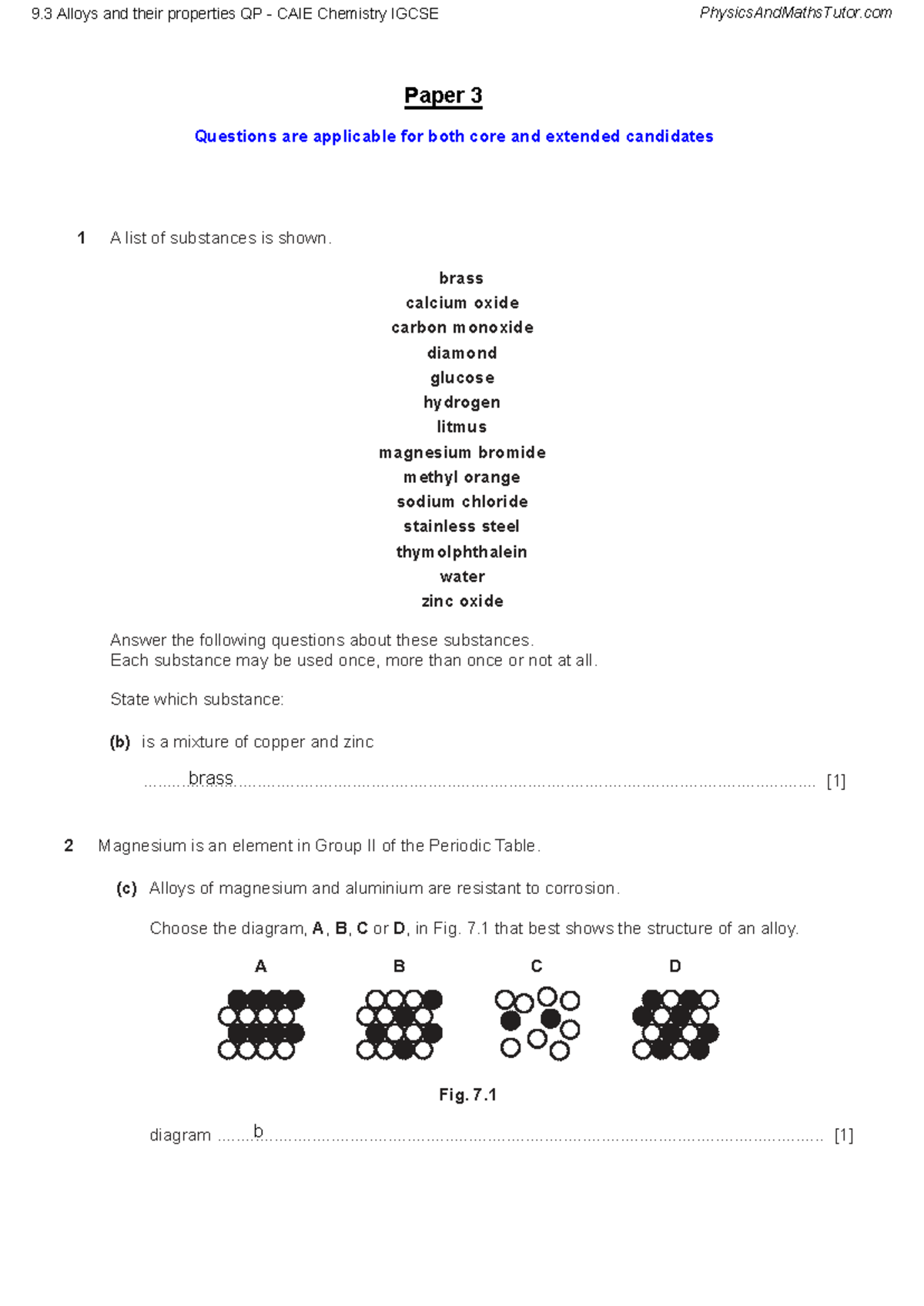 Chem 9.3 Alloys and Their Properties QP CAIE Chemistry IGCSE - Studocu