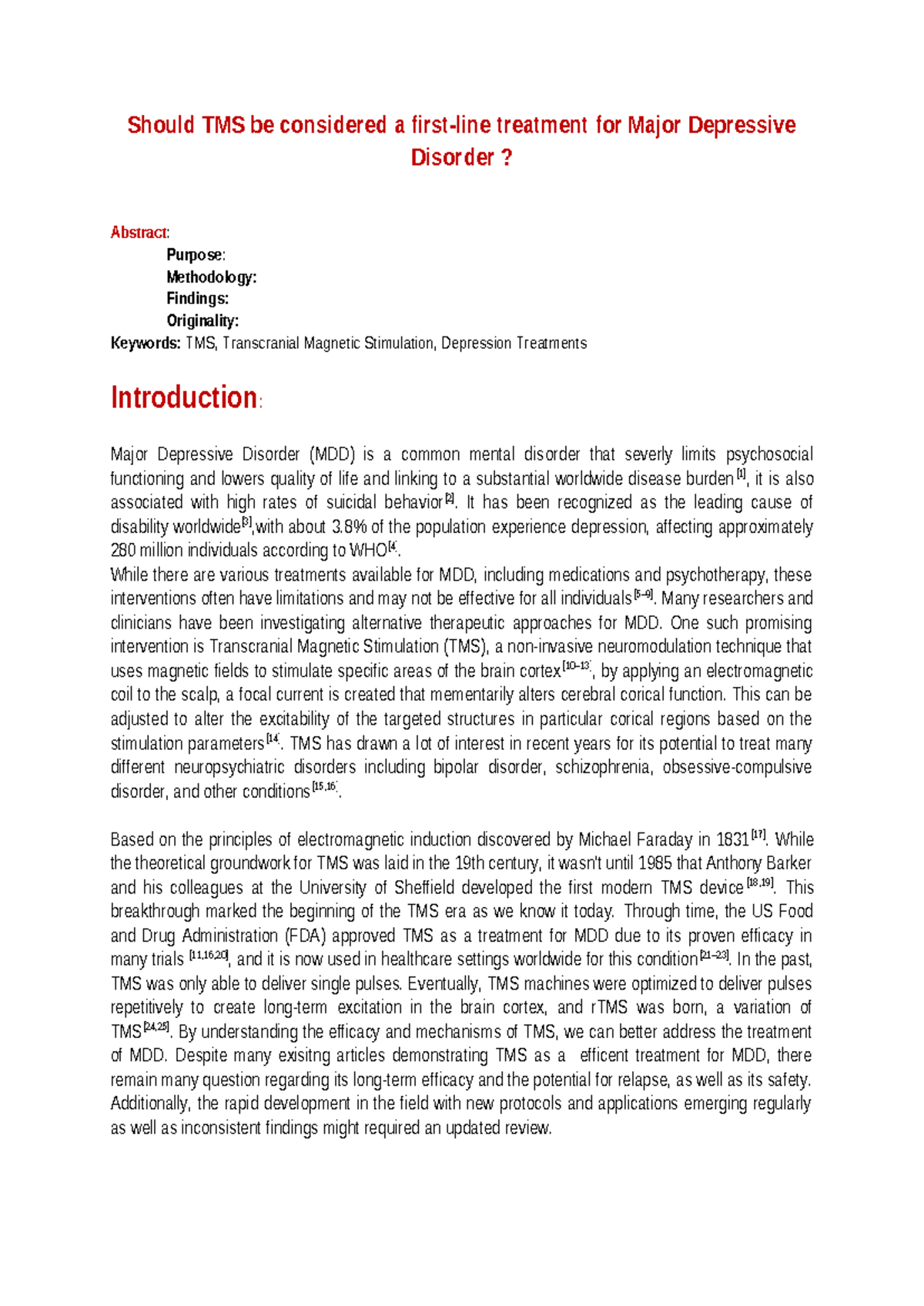 TMS as a Treatment for Major Depressive Disorder: A Comprehensive Review - Studocu