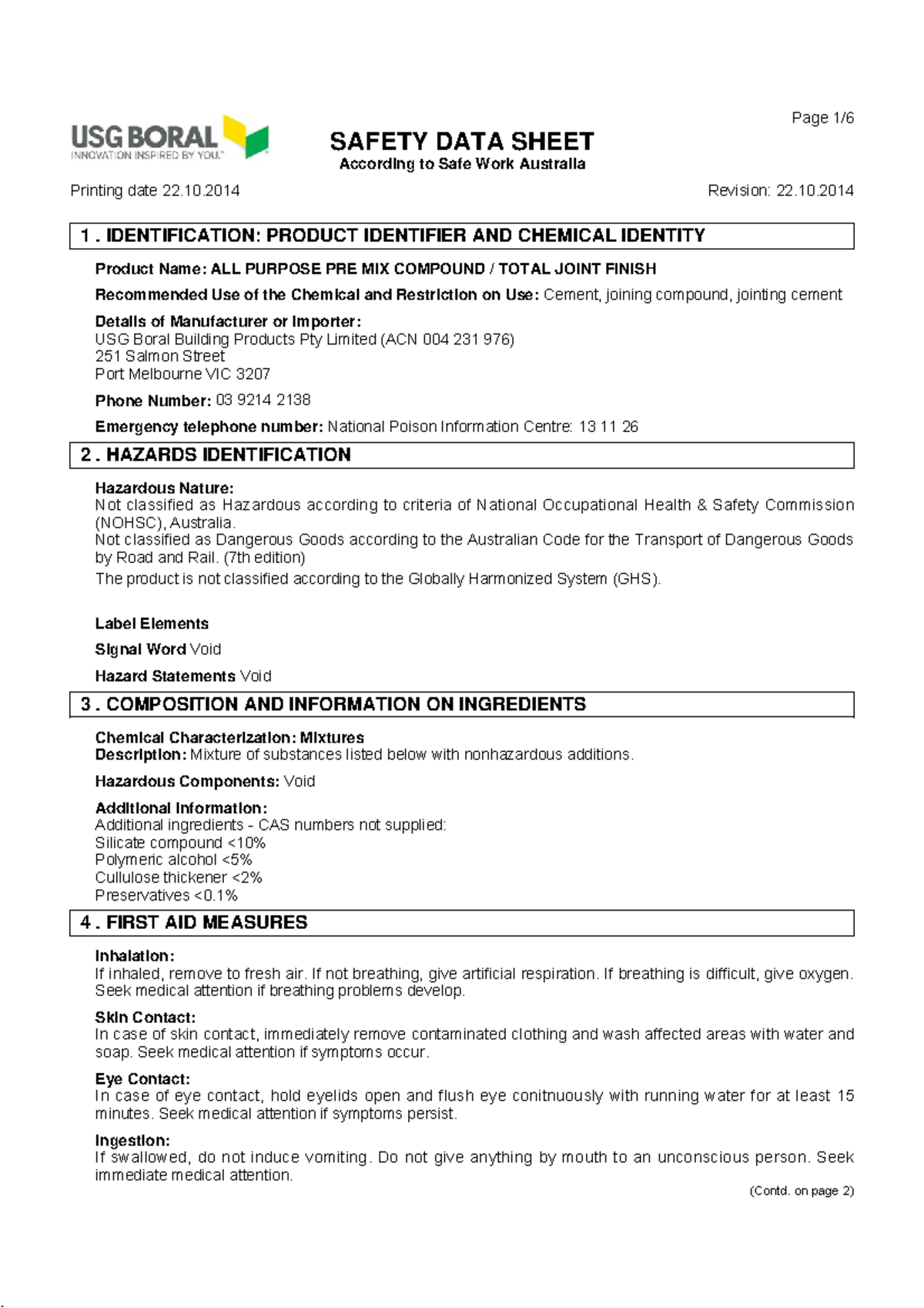 Boral ALL Purpose Pre Mix Compound MSDS - Safety Data Sheet - Studocu