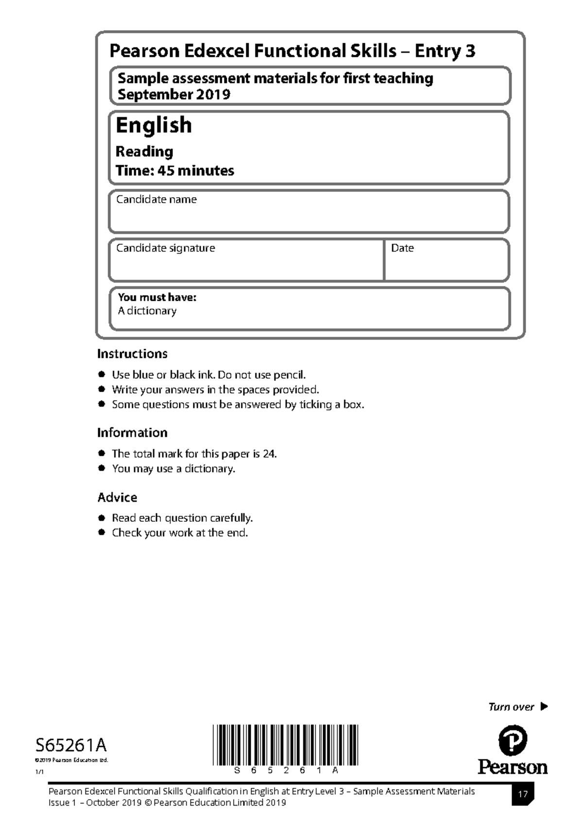 FS E3 English Reading Sample Assessment Materials (SAM) 2019 - Studocu
