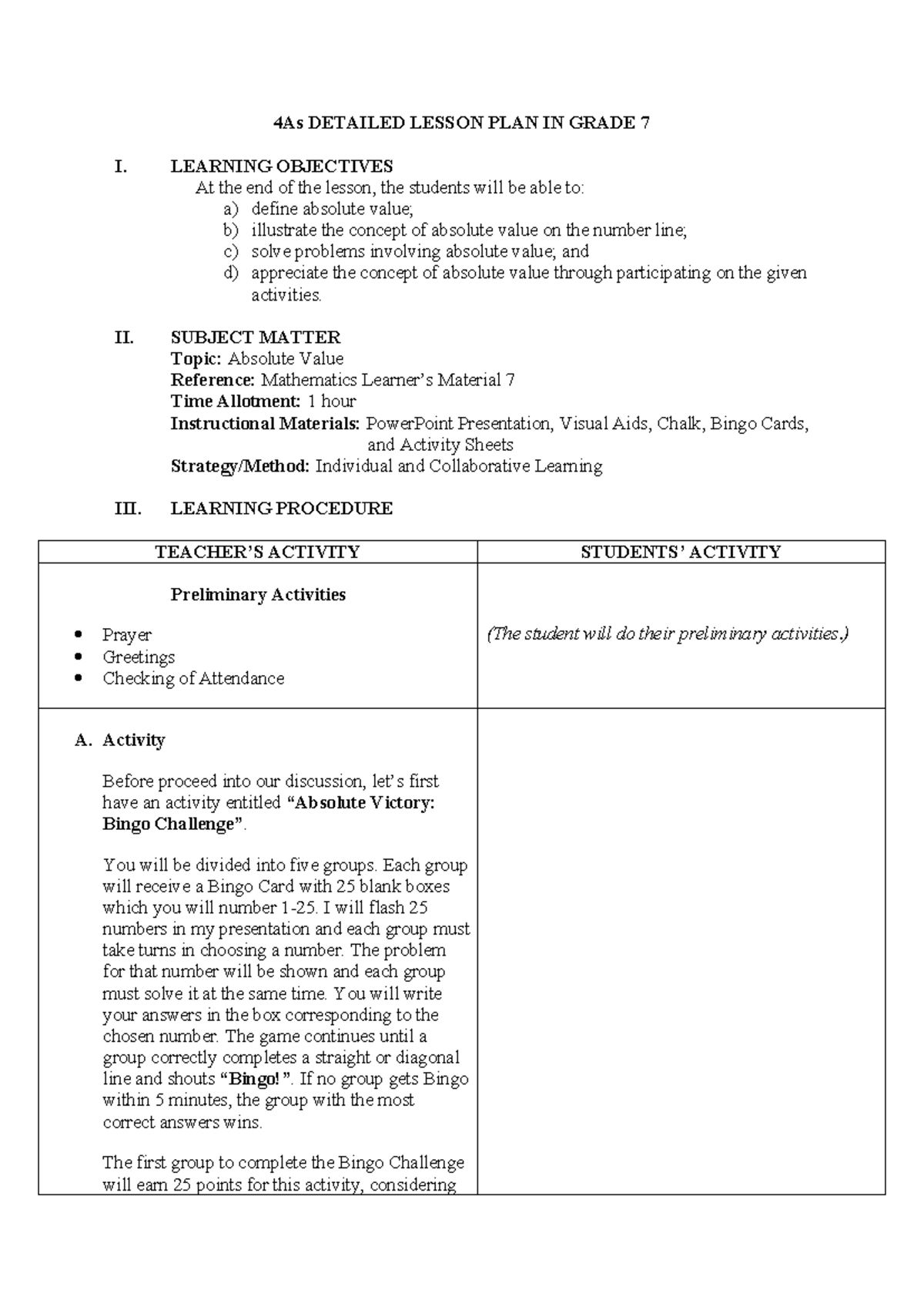 Detailed Lesson Plan on Absolute Value for Grade 7 Math - Studocu