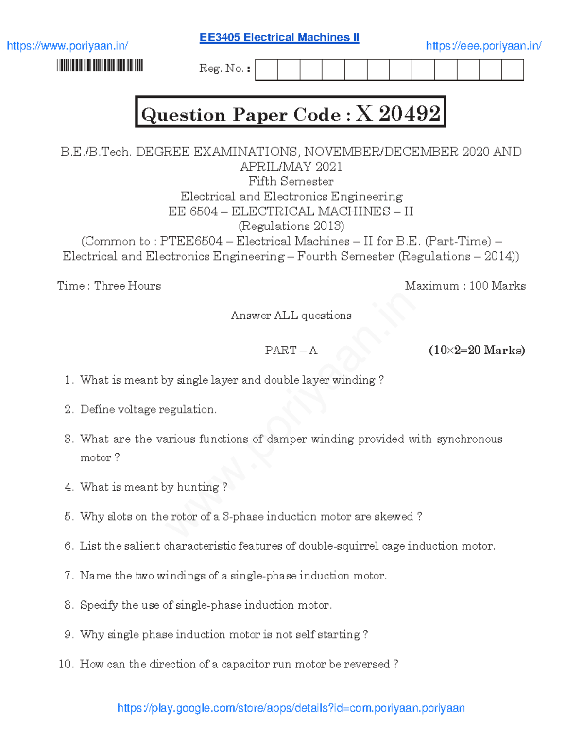 EE3405 Electrical Machines II - Question Paper 2021 - Studocu