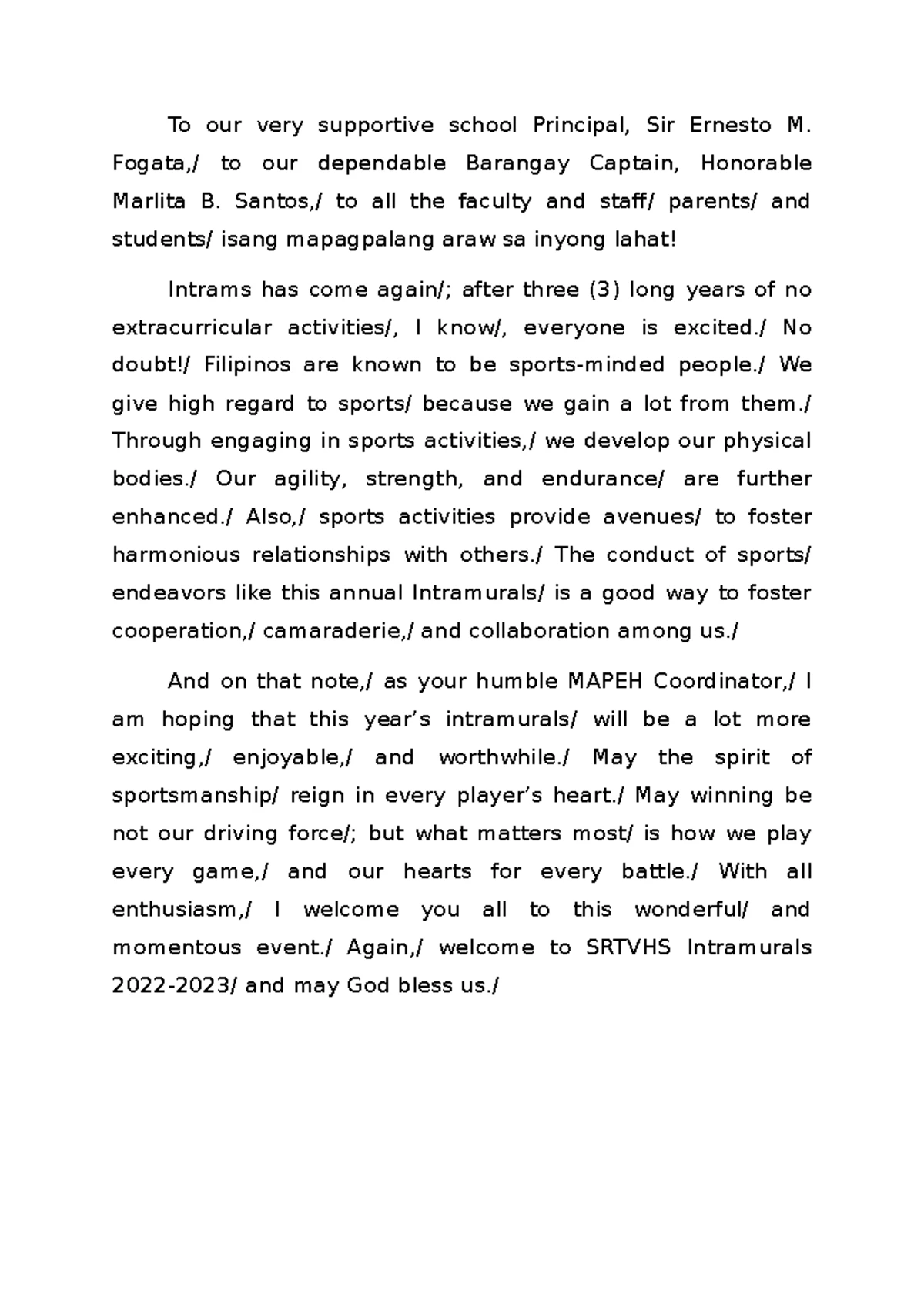 MR AND MS. Intrams 2023 - Script - MR. AND MS INTRAMURALS 2023 SCRIPT Introduction: Emcee 1 ...