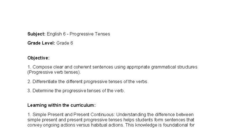 English 6 Lesson Plan: Mastering Progressive Tenses - Studocu