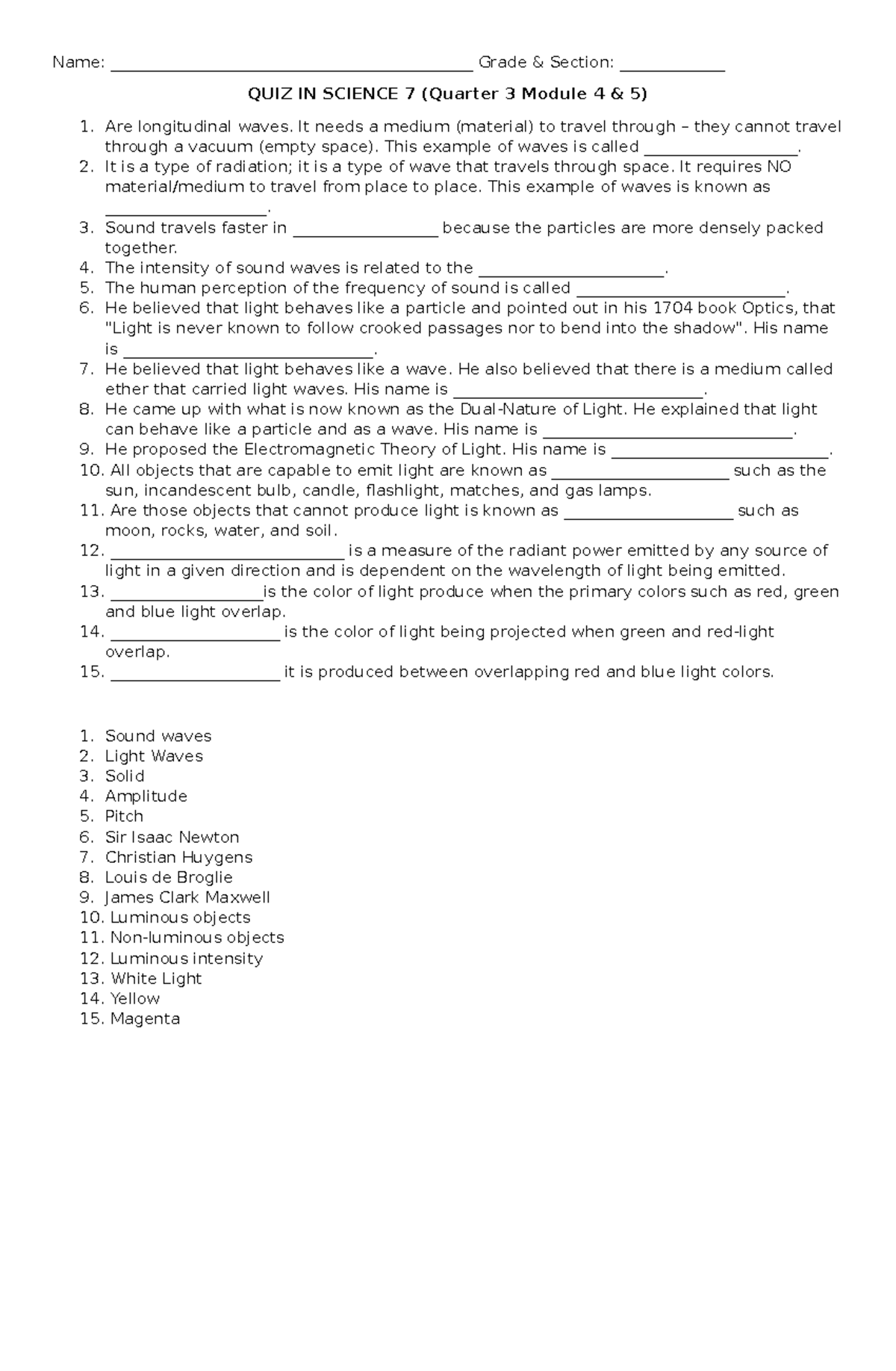 1 Science QUIZ - Name ...