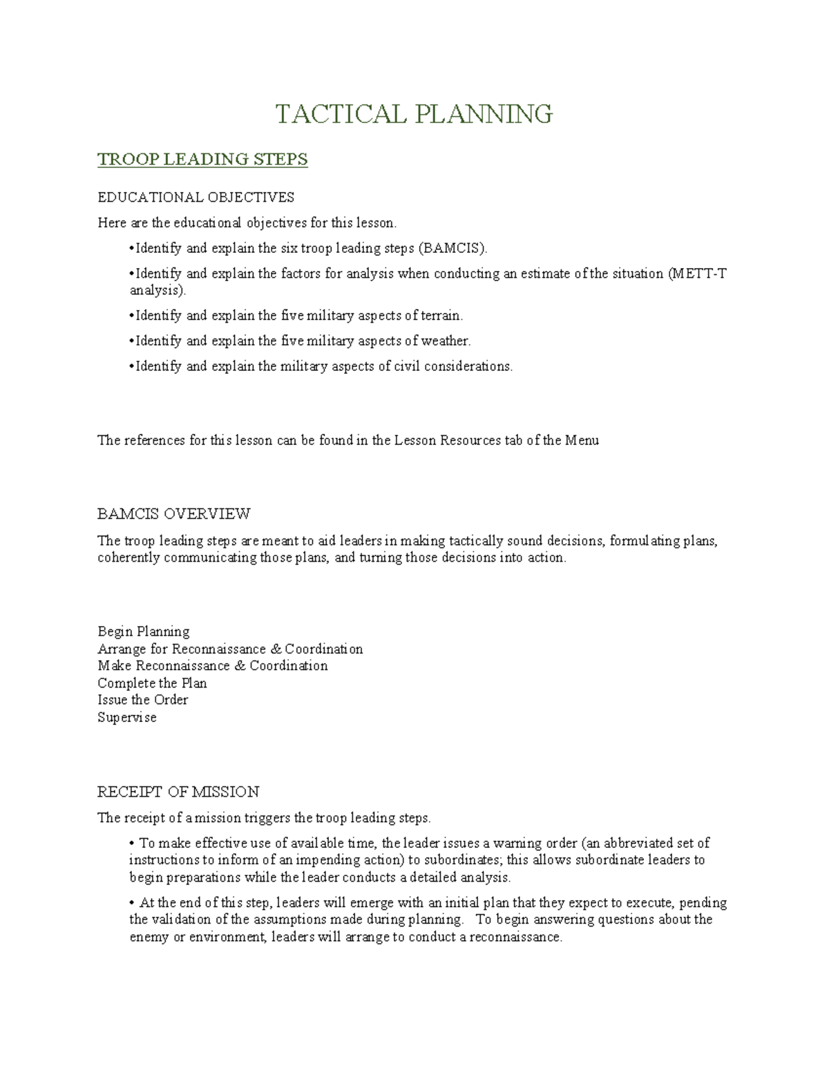 TACTICAL PLANNING - Troop Leading Steps and Combat Orders (TEST 5 ...