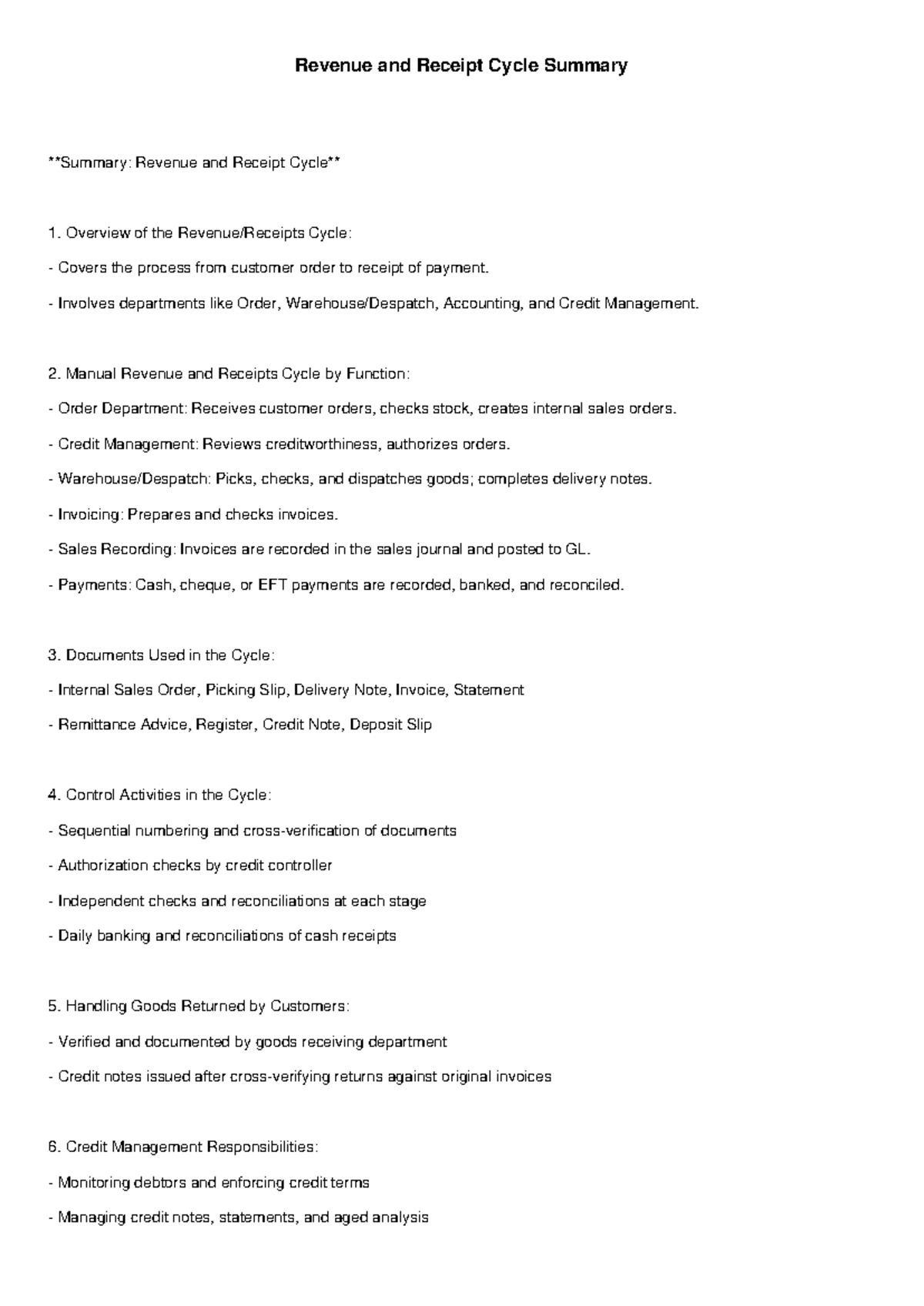 Revenue and Receipt Cycle Summary: Key Processes and Controls - Studocu