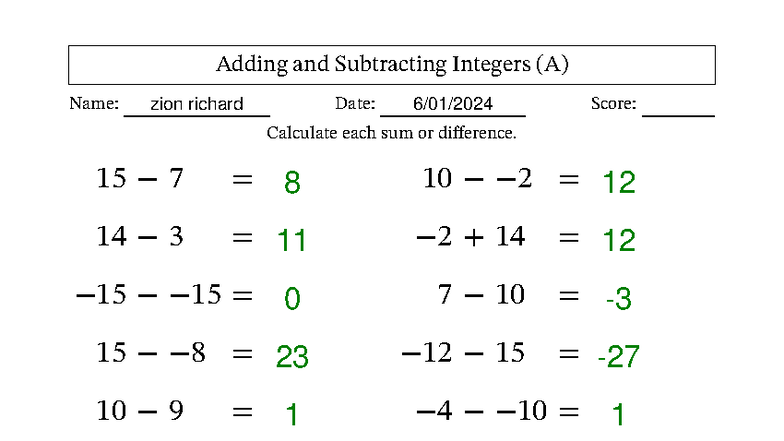 Add subtract negative numbers HW-1 - Adding and Subtracting Integers (A ...